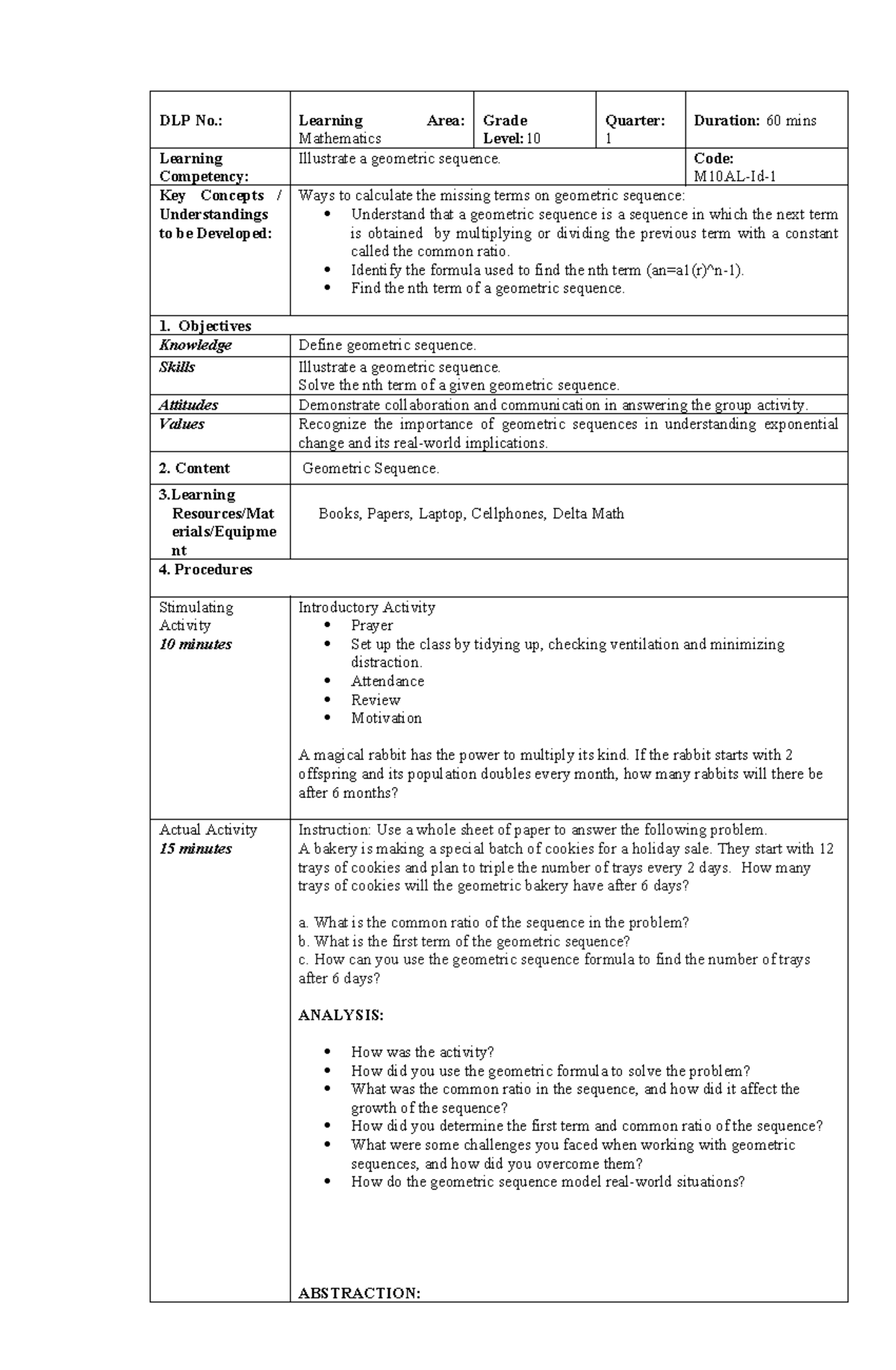 Lesson Plan - M10AL-Id - Illustrating Geometric Sequences - Studocu