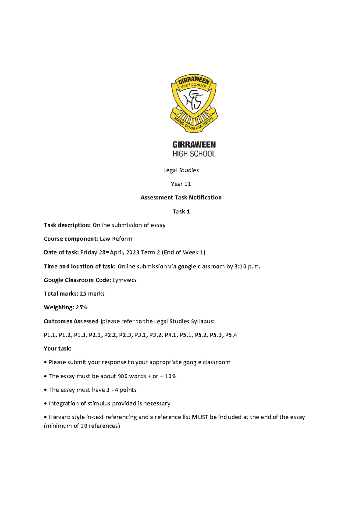 Legal Studies Year 11 Assessment Task 1: Essay on Law Reform - Studocu