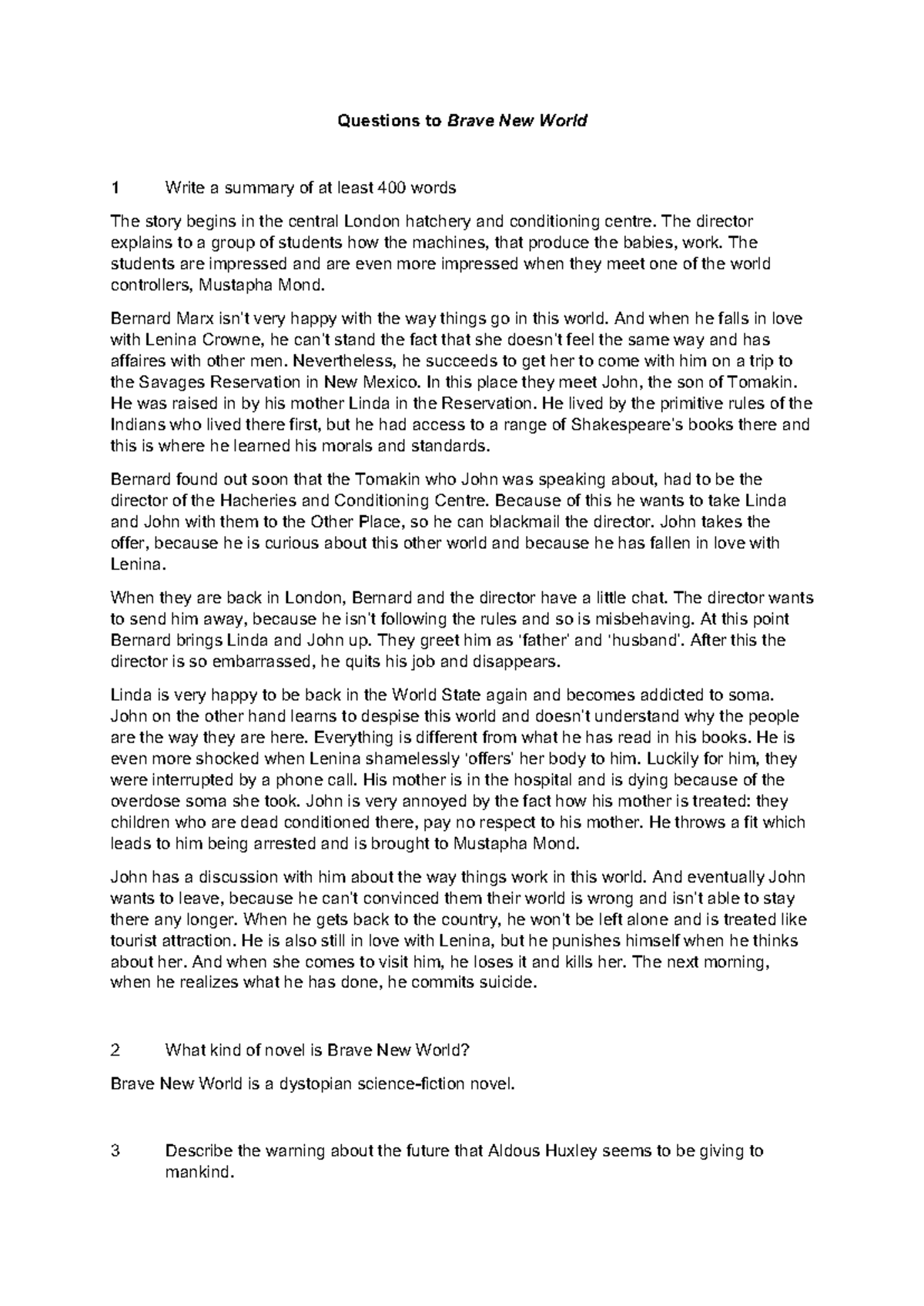 ENG 5 Final Exam: Questions and Analysis of _Brave New World_ - Studeersnel