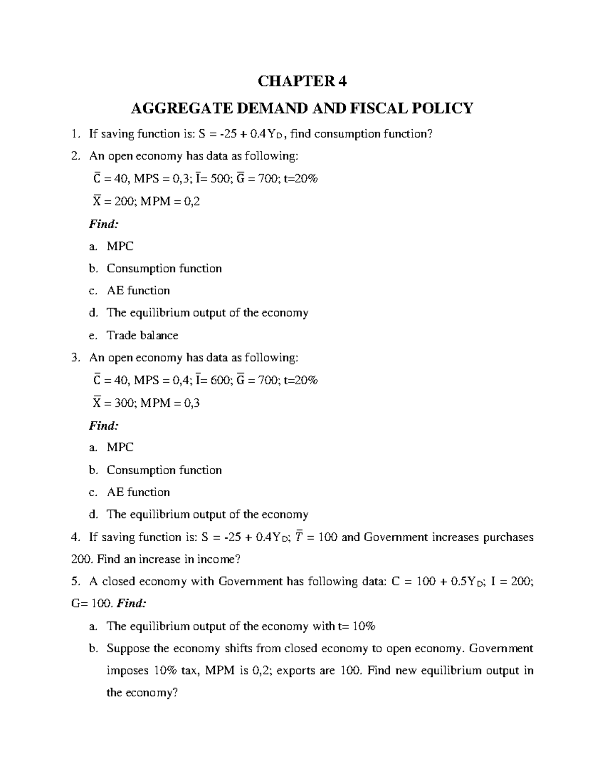 CHAPTER 4: AGGREGATE DEMAND & FISCAL POLICY EXERCISES - C3 - Studocu