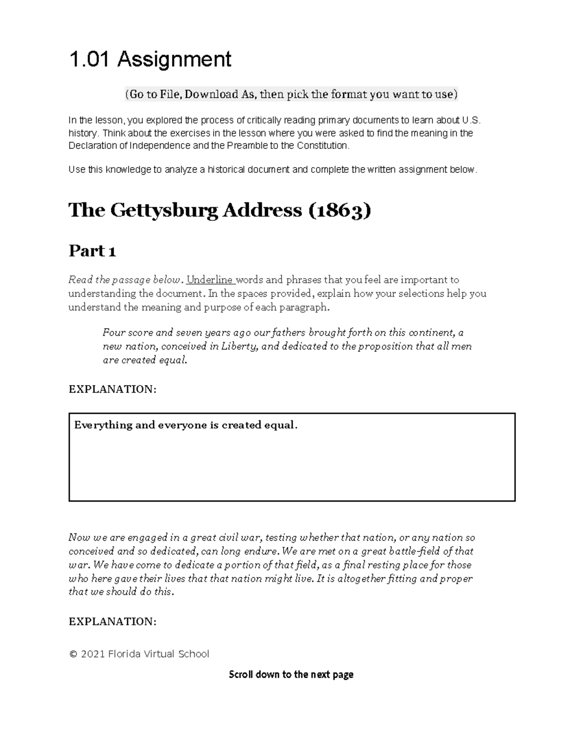 V21 1.01 Historical Document Analysis Assignment on Gettysburg Address ...