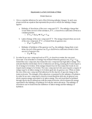 Cal prelab - Cal pre lab - Pre-lab: CALORIMETRY: DETERMINATION OF HEATS ...