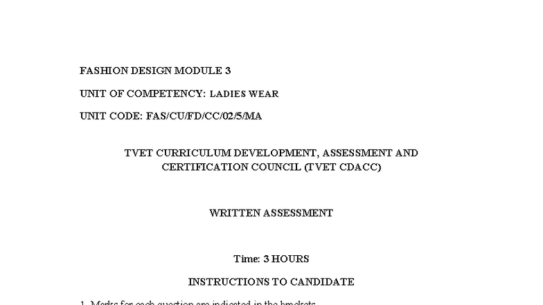 Updated Exam 1: Ladies Wear - TVET Module 3 Assessment - Studocu
