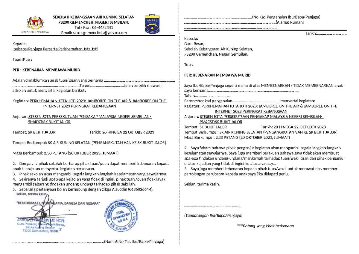 Surat Kebenaran Murid untuk Perkhemahan 2023: JOTA JOTI - Studocu