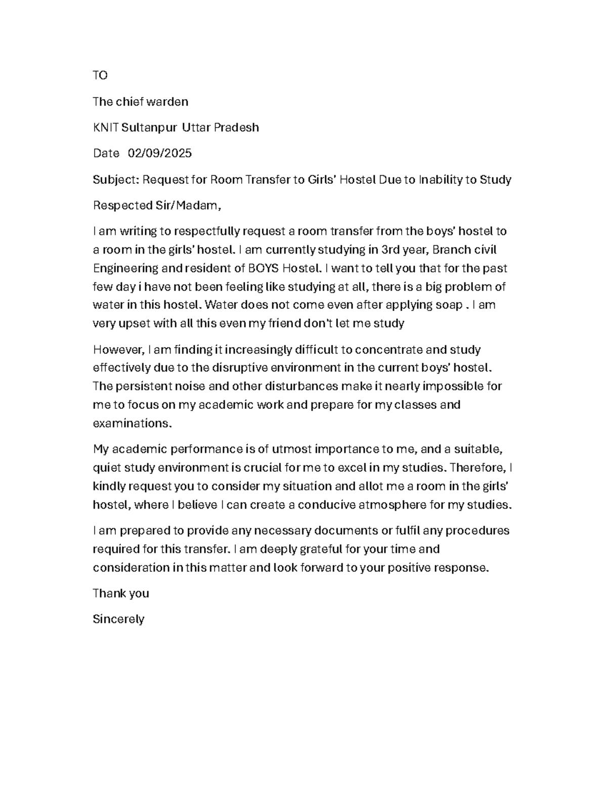 Request for Room Transfer - Hostel Issues (Civil Engg 3rd Year) - Studocu