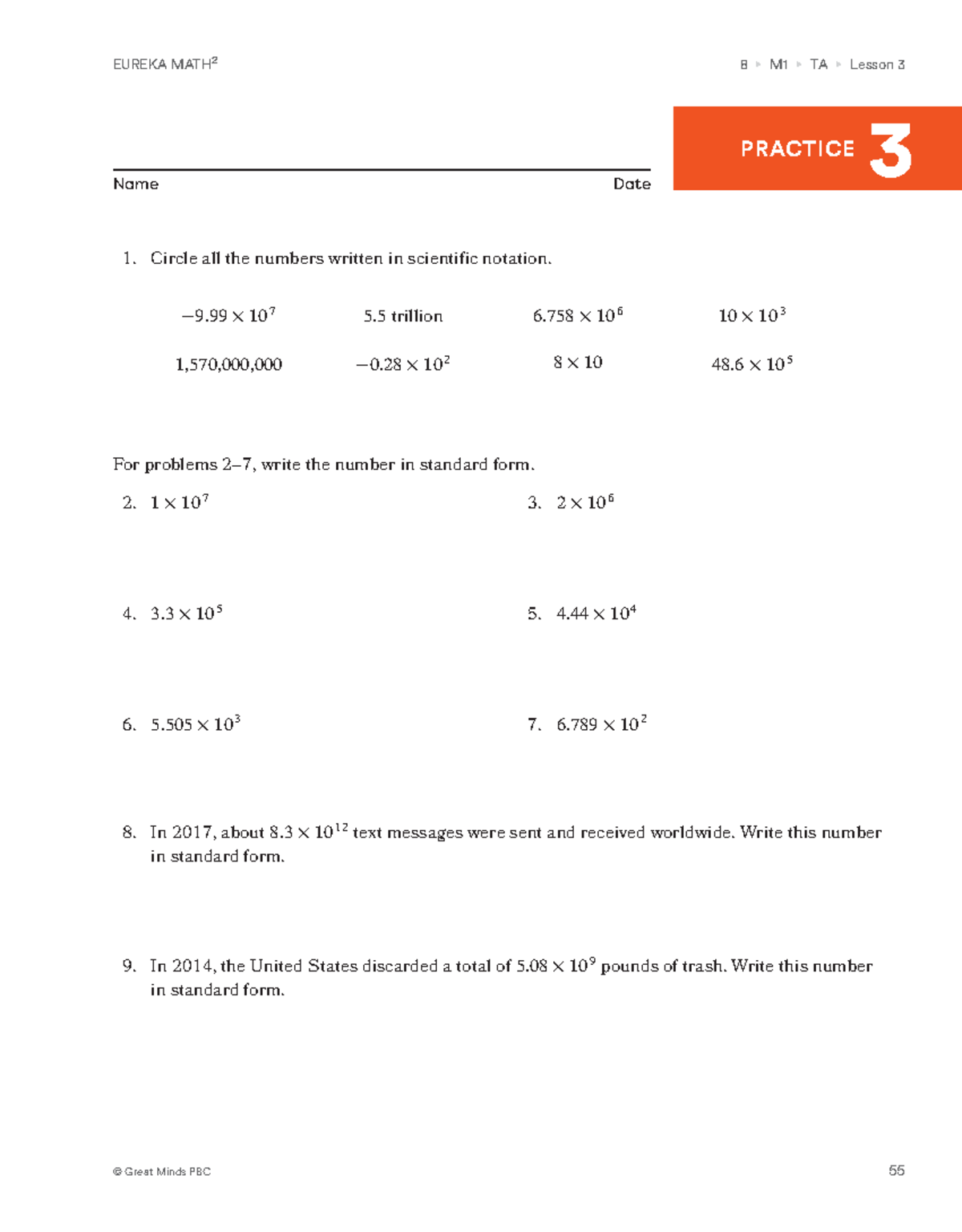 Eureka Math Grade 8 Module 1 Lesson 3 Practice Problems ...