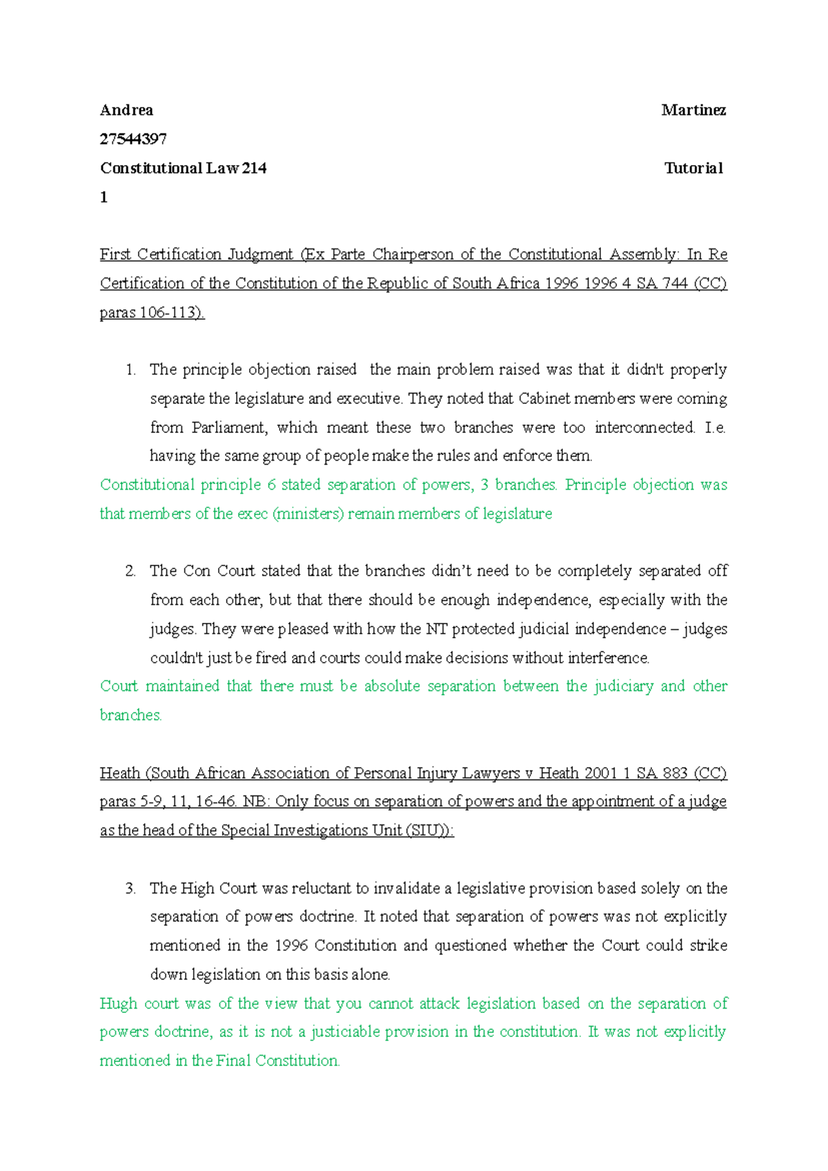 Constitutional Law 214 Tutorial 1: Separation of Powers Analysis - Studocu