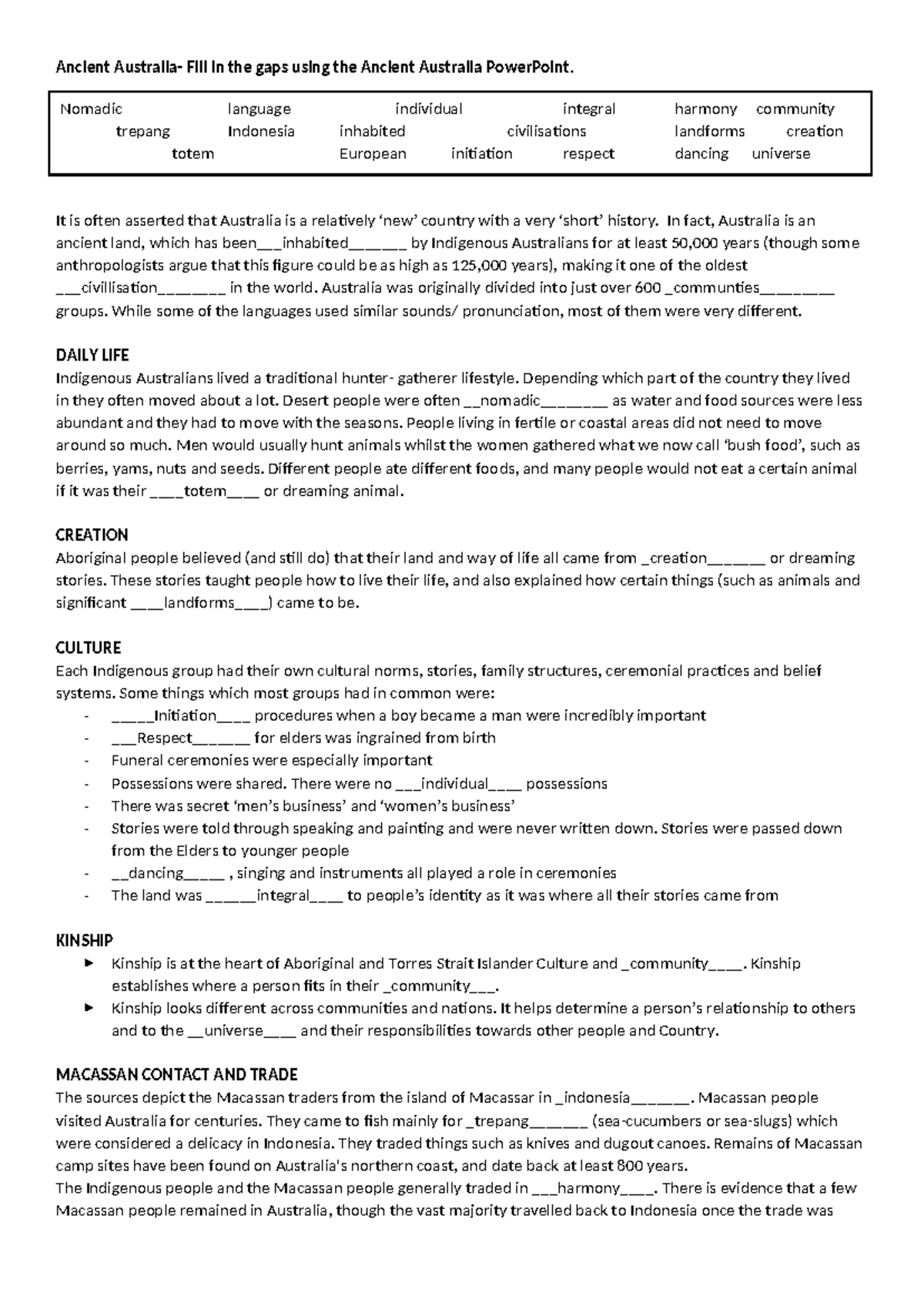 Ancient Australia Cloze Passage KOD0002: Indigenous Culture & History ...