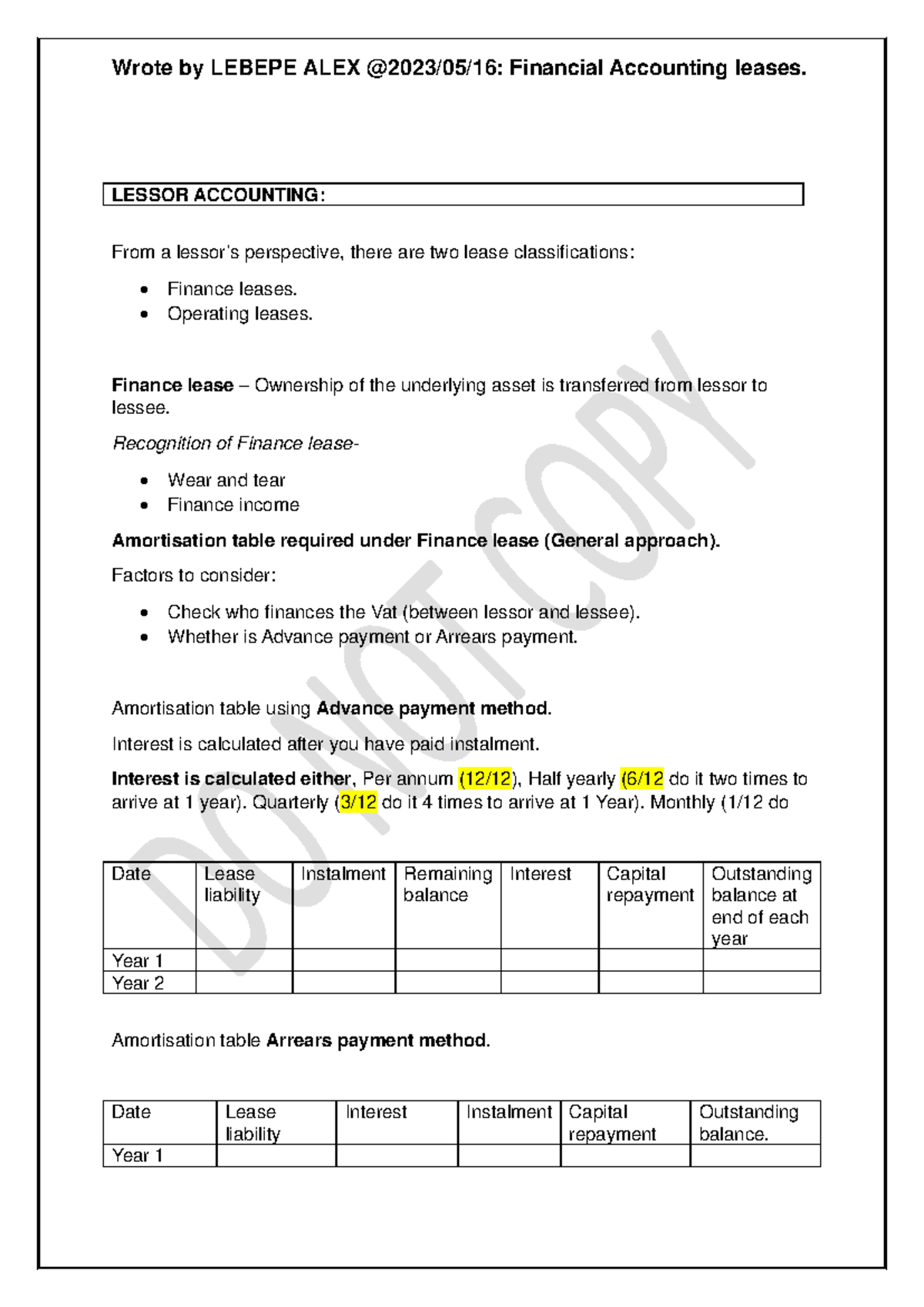 LEBEPE ALEX Financial Accounting: Lessor and Lessee Lease Notes - Studocu