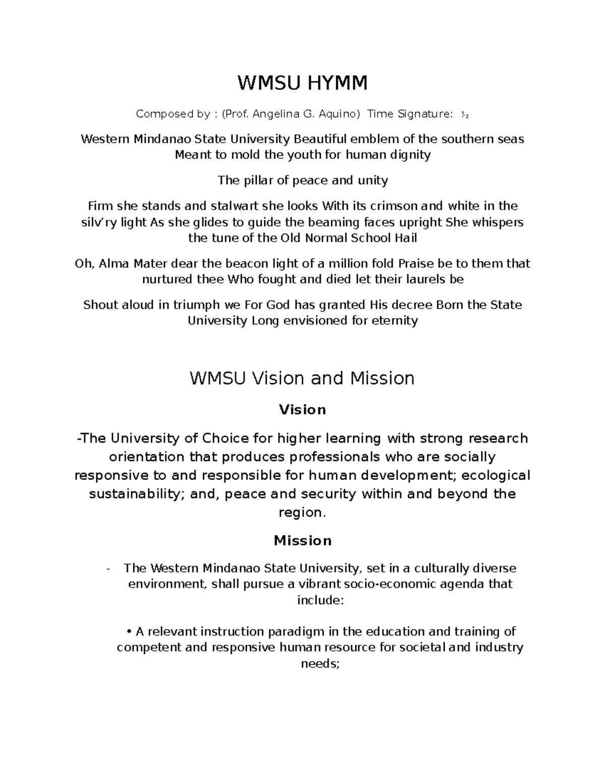 WMSU HYMM (Jumli) - University Vision & Mission Overview - Studocu