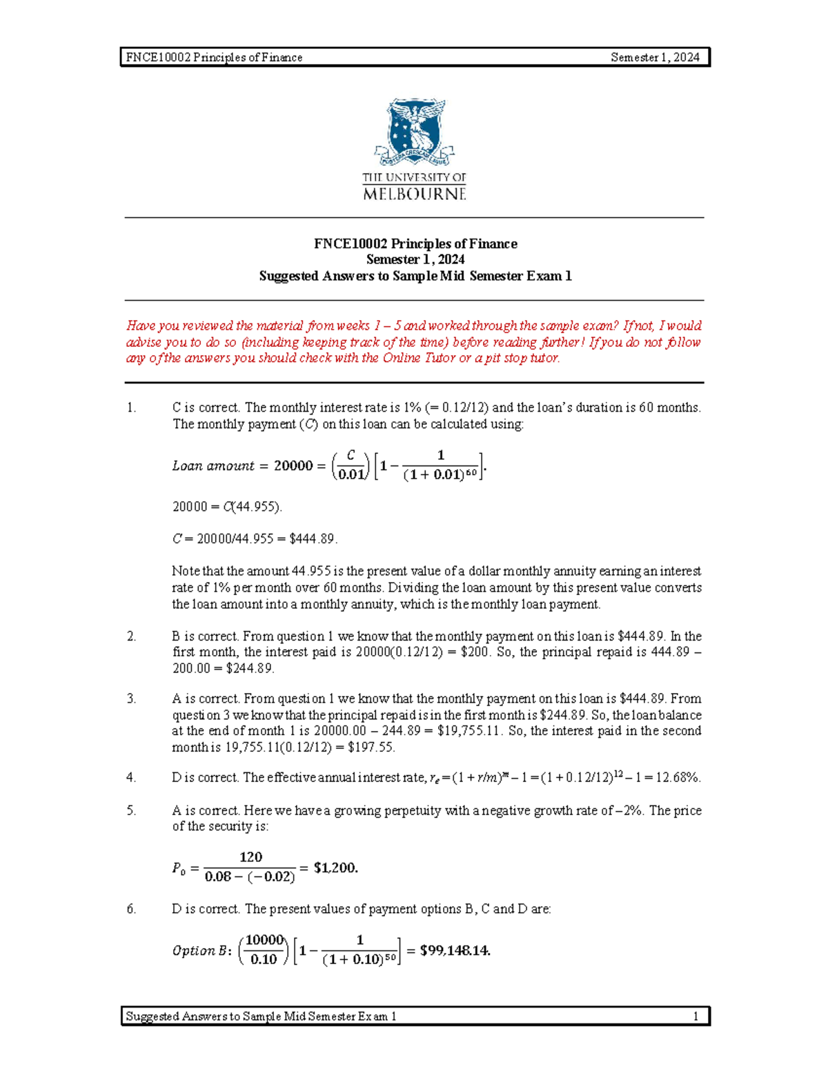FNCE10002 Mid Semester Exam 1: Suggested Answers (Sem 1, 2024) - Studocu