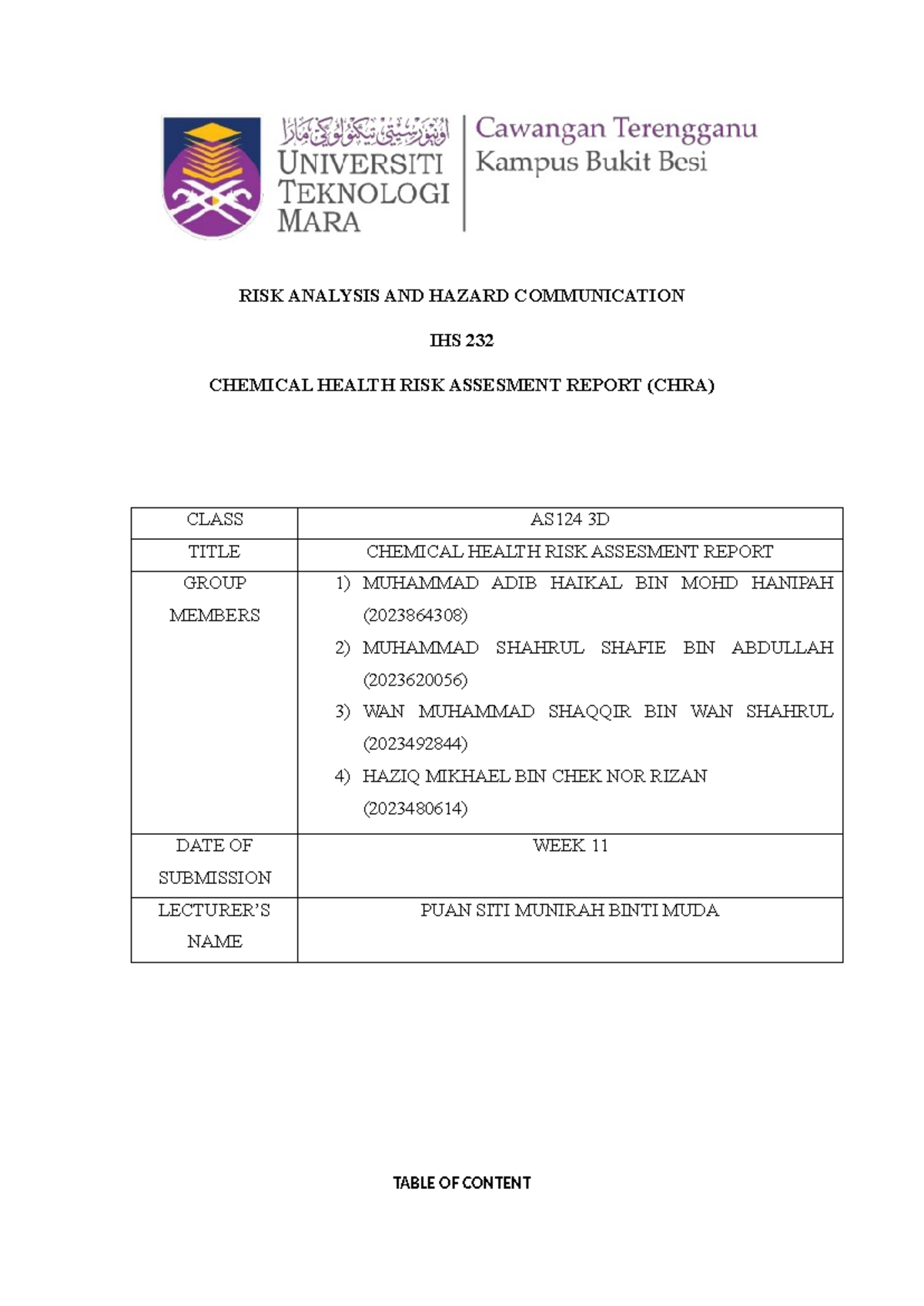 Chemical Health Risk Assessment Report for IHS 232 (CHRA) - Studocu
