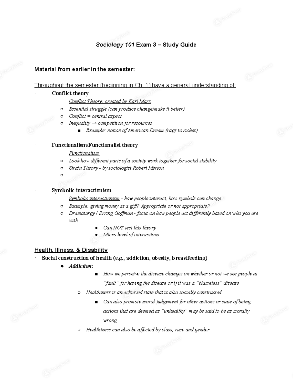 SOC 101 Exam 3 Study Guide: Key Concepts in Sociology - Studocu