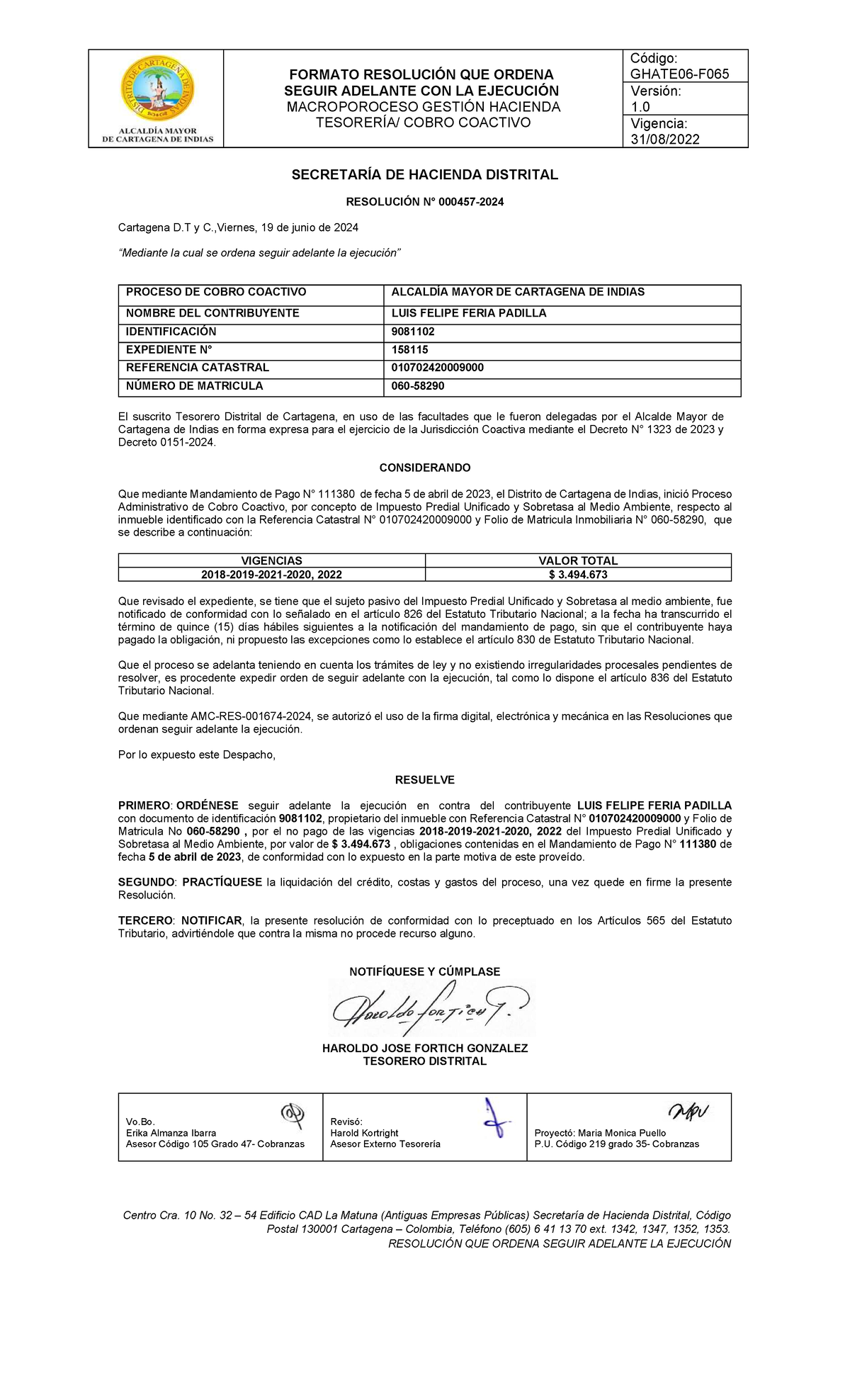 Resolución de Cobro Coactivo 2022 - Secretaría de Hacienda D.T y C ...