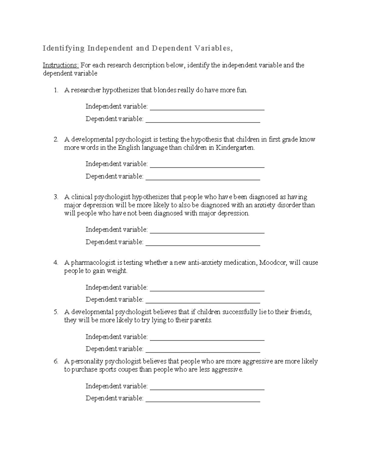 Identifying Independent and Dependent Variables - Identifying ...