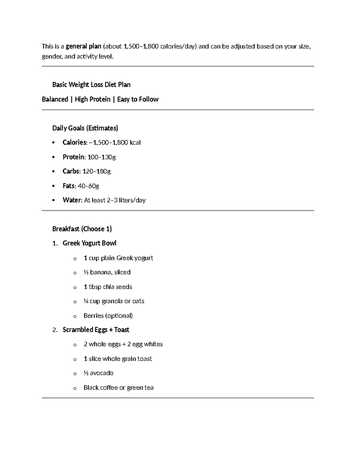 Balanced Weight Loss Diet Plan: Easy Daily Goals & Options - Studocu