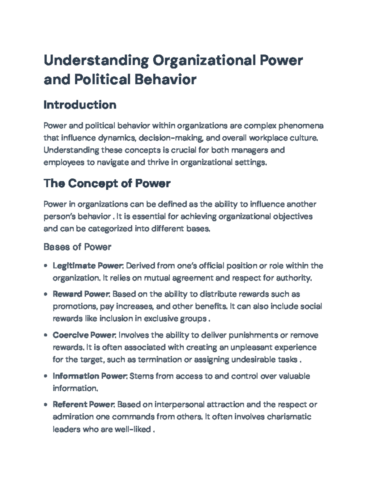 Understanding Org Power & Political Behavior: Concepts & Ethics (MGT ...
