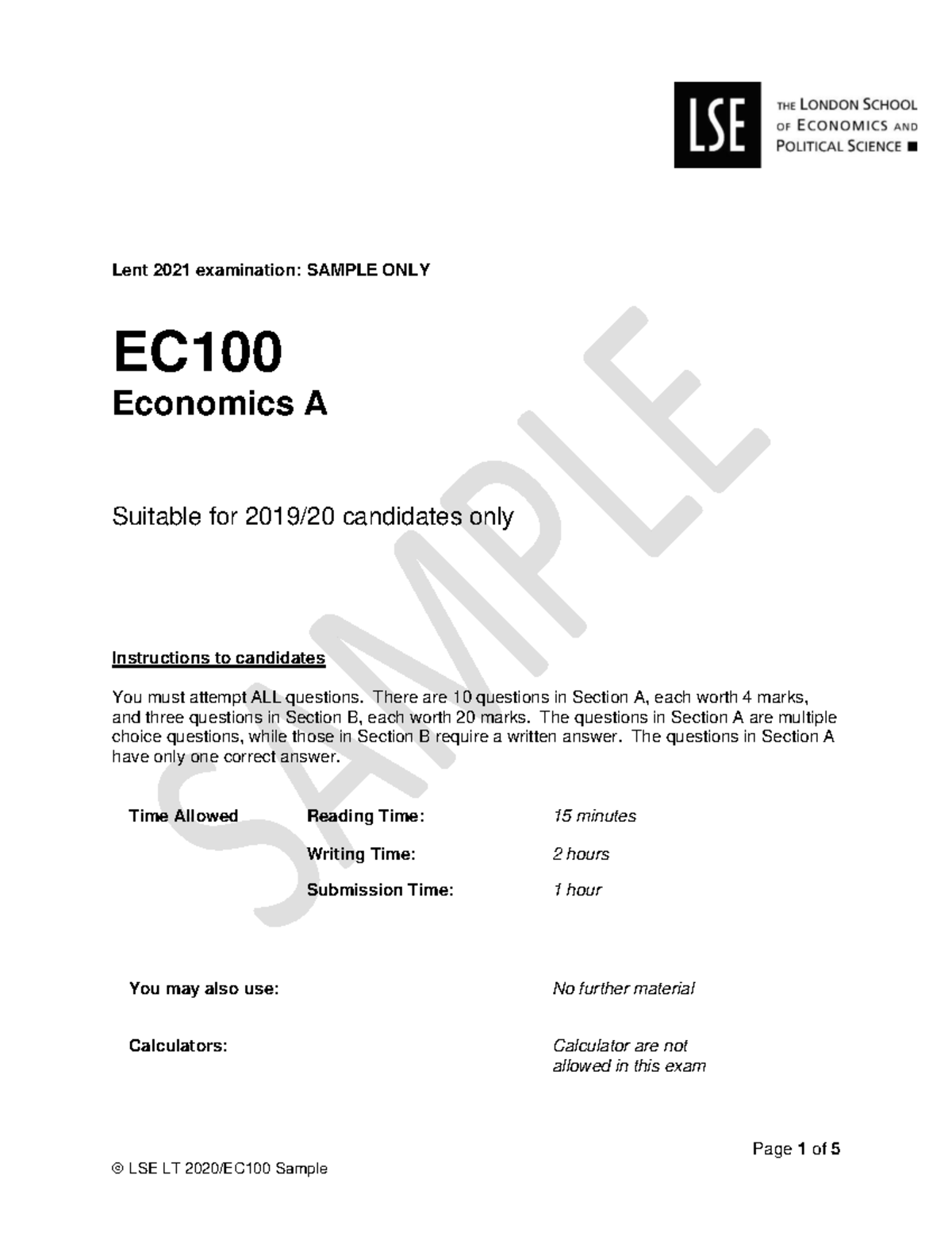 EC100 Economics A: Lent 2021 Exam Sample Questions & Guidelines - Studocu