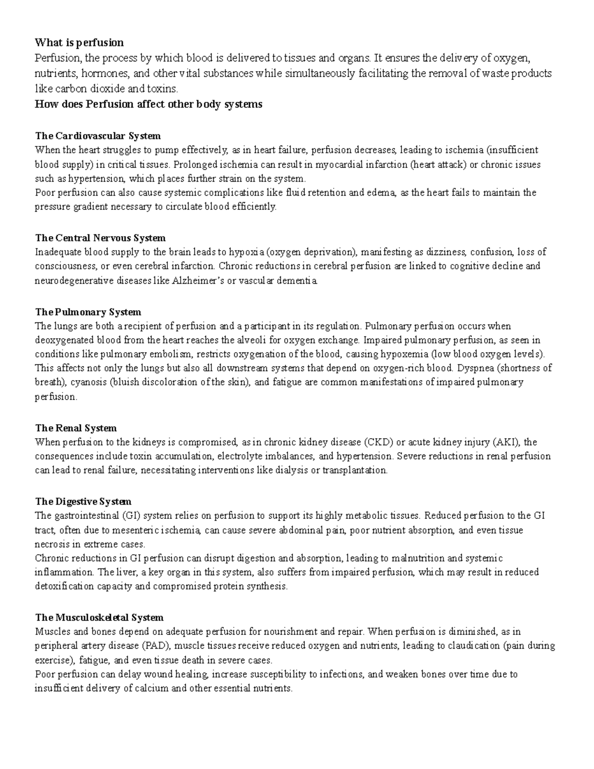 Comprehensive Overview of Perfusion and Its Impact on Body Systems ...