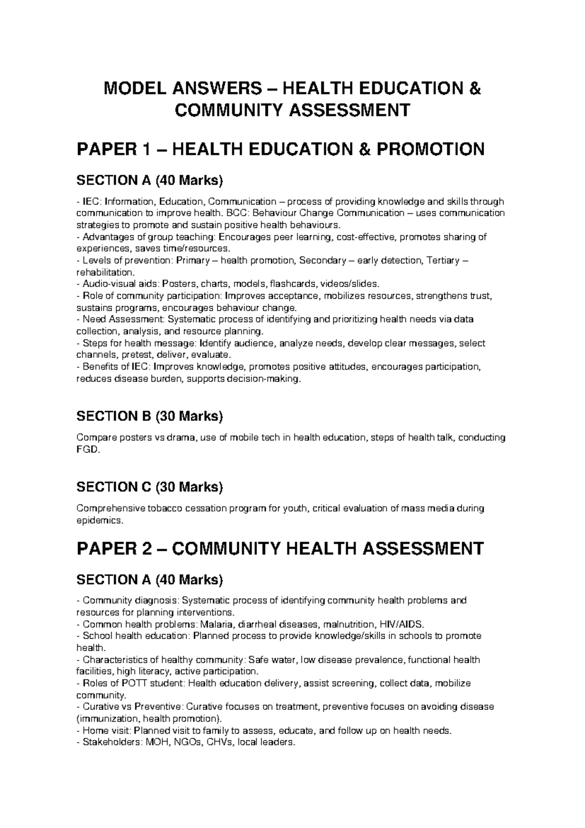 HEALTH EDUCATION & COMMUNITY ASSESSMENT MODEL ANSWERS (IEC 101) - Studocu