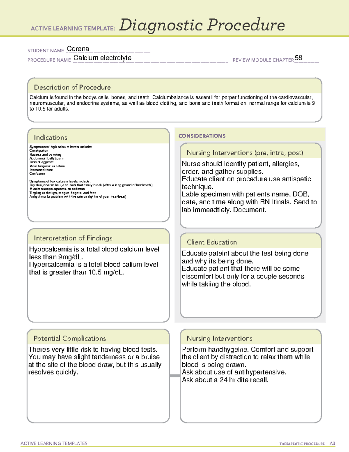 Calcium Diagnostic Template - Active Learning Approach - Studocu