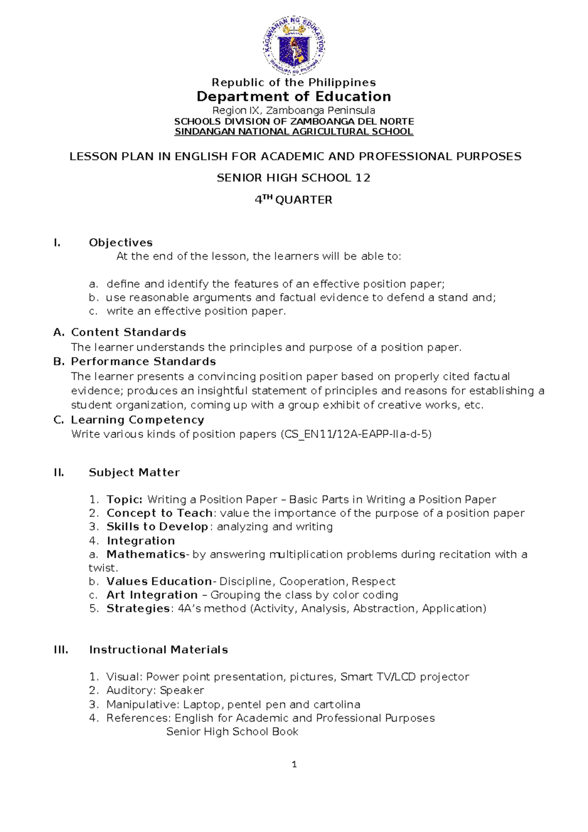 ENGLISH FOR ACADEMIC AND PROFESSIONAL PURPOSES 12: POSITION PAPER ...