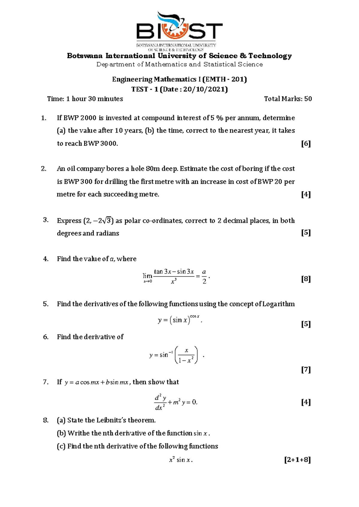 EMTH 201 Engineering Mathematics I Test 1 - October 2021 - Studocu