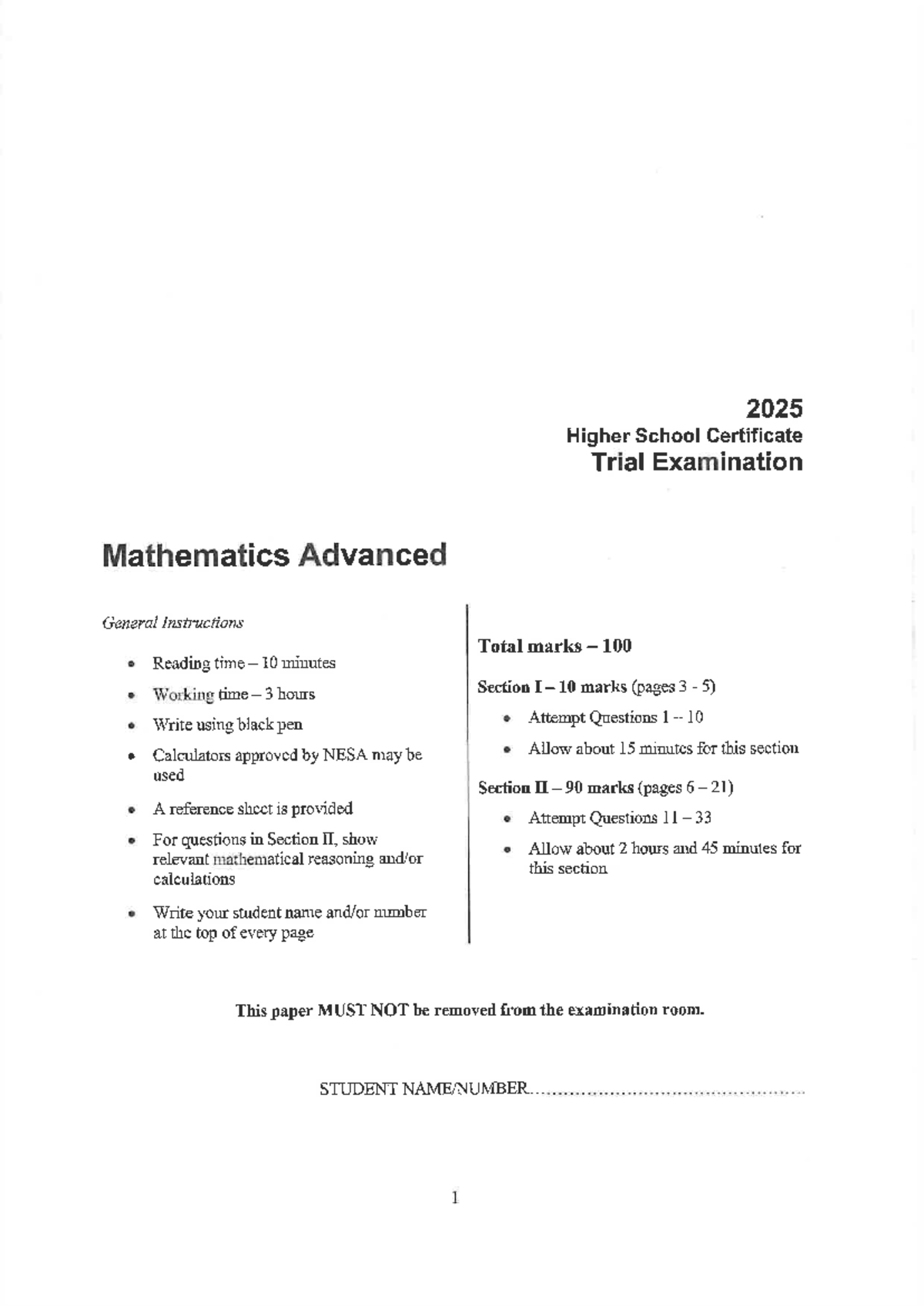 2025 IND ADV HSC - Mathematics Advanced Trial Exam Paper - Studocu