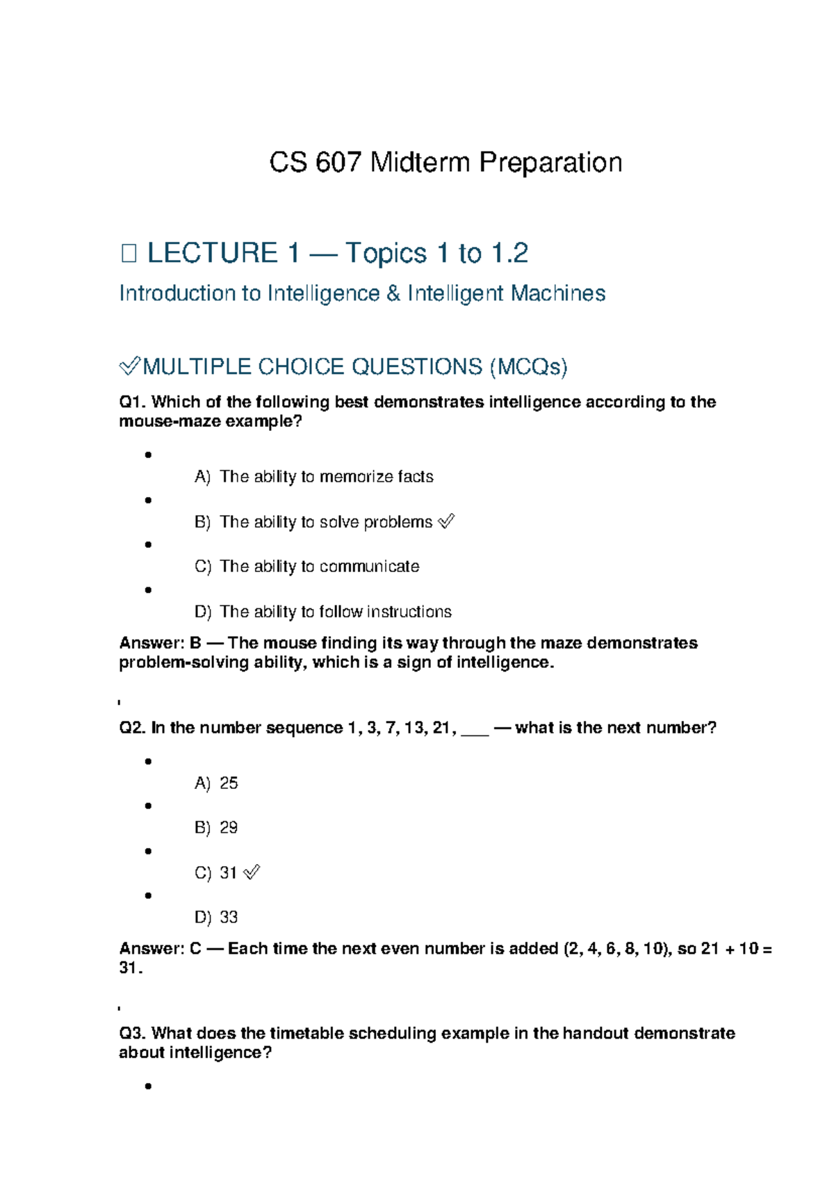 CS 607 Midterm Preparation: Lecture 1 - Intelligence & MCQs - Studocu