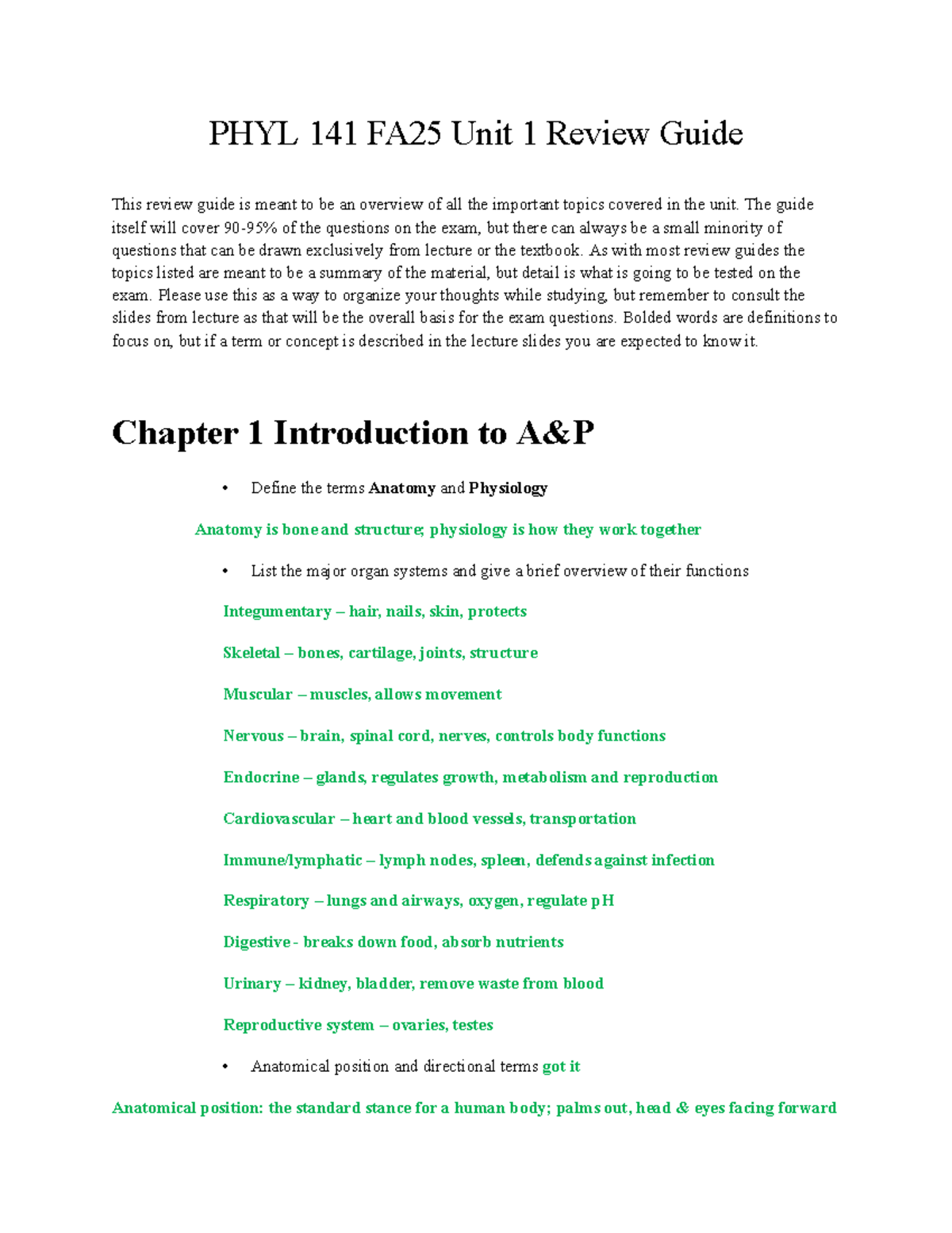 PHYL 141 FA25 Unit 1 Exam Review Guide and Checklist - Studocu