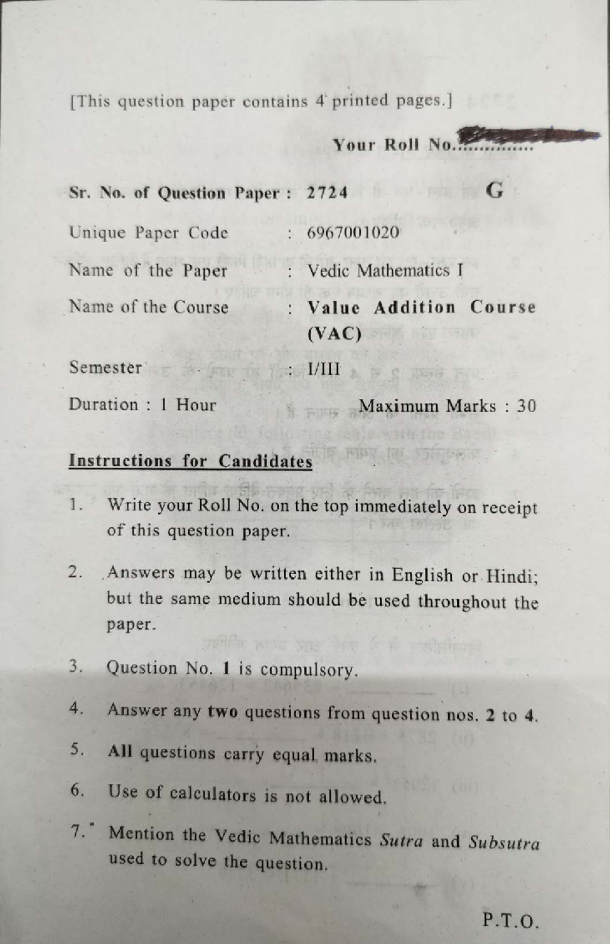VAC Vedic Mathematics I Question Paper - Semester I & III - Studocu
