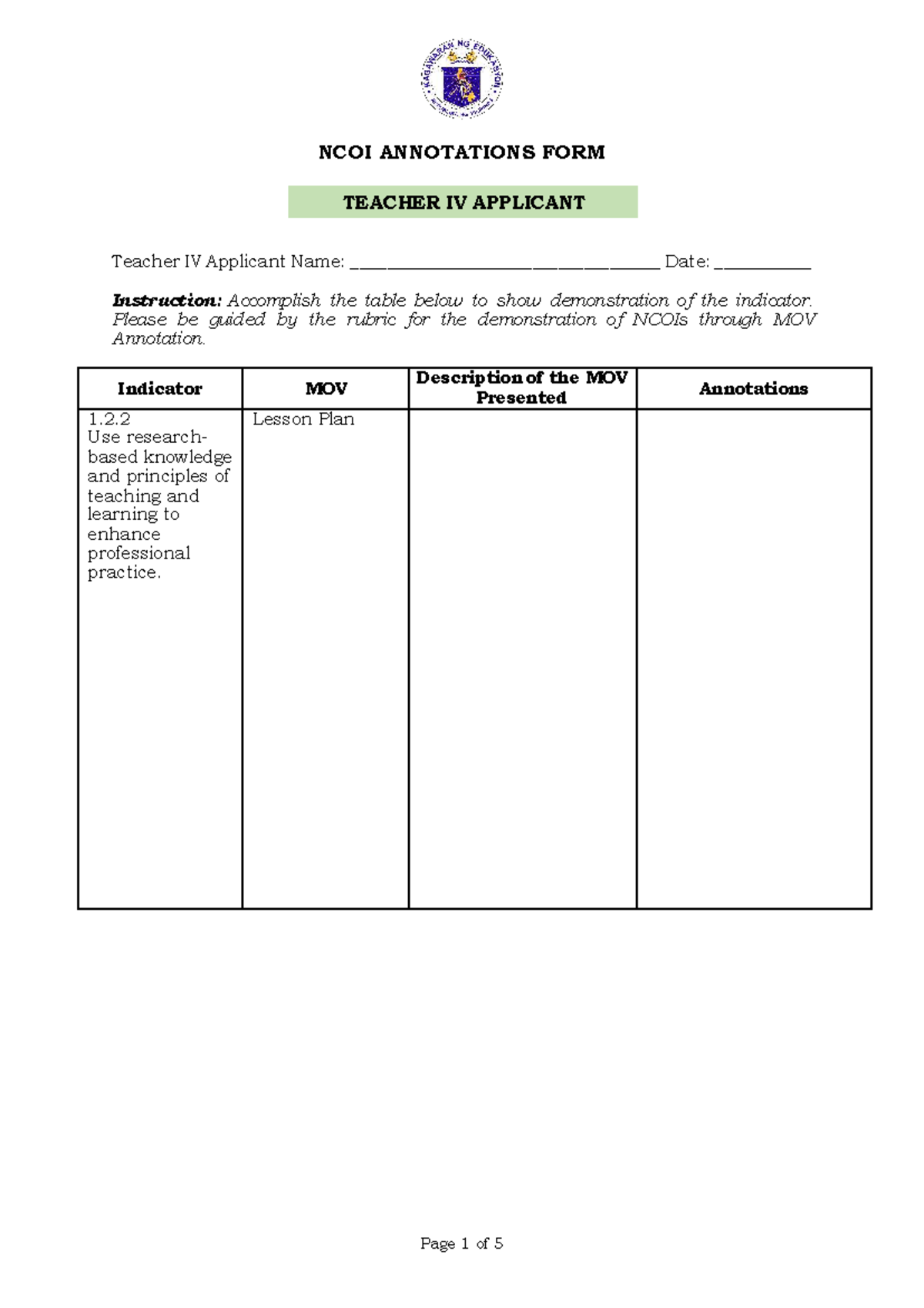 NCOI Annotations Form for Teacher IV Applicant (4) - Studocu