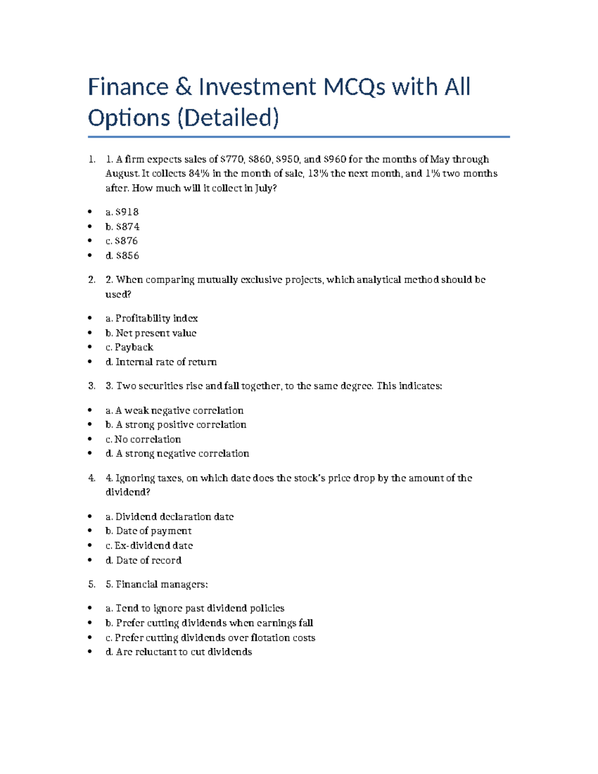 Finance Investment MCQs Sample (Detailed) - Studocu