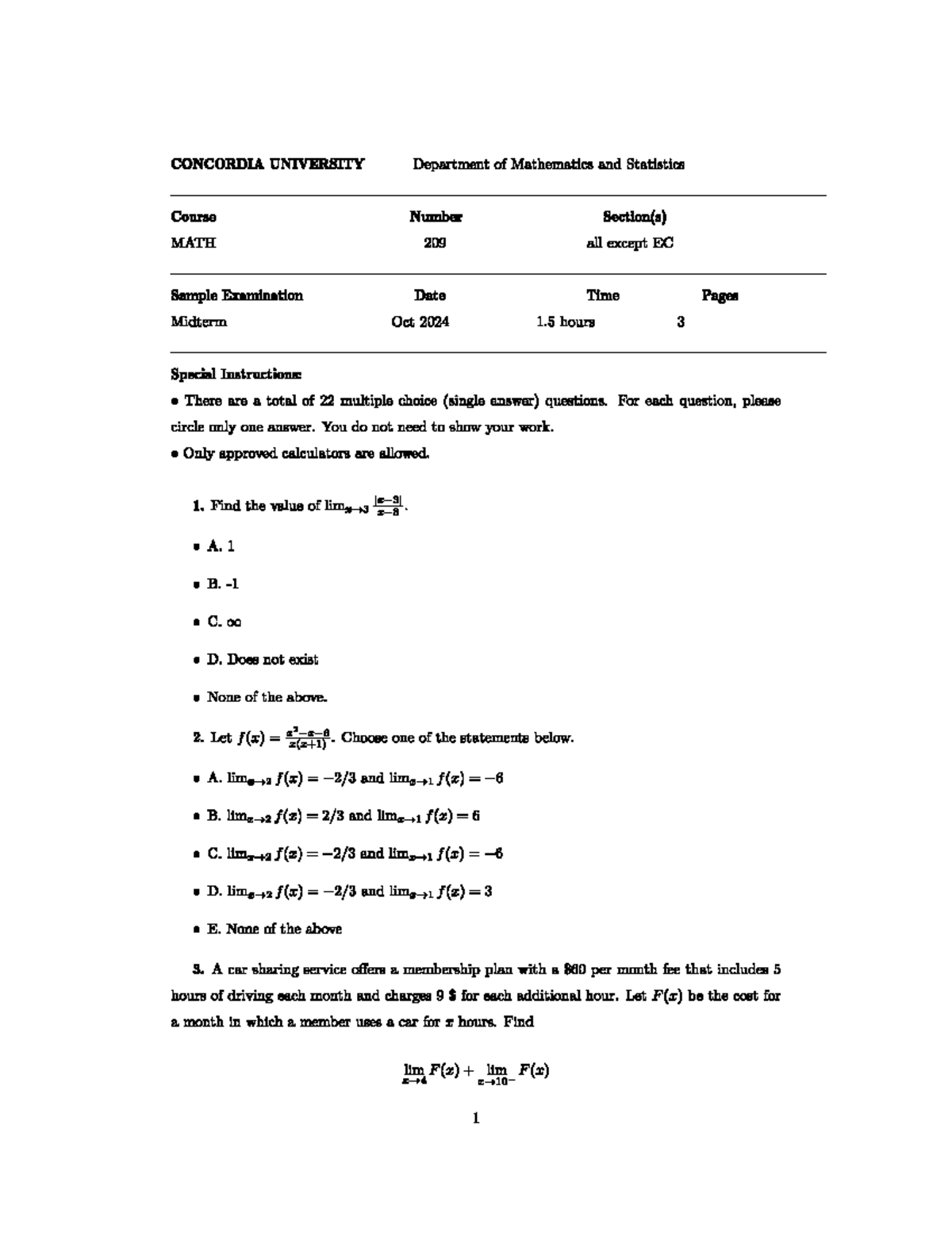 MATH 209 Sample Midterm Exam - October 2024 - Studocu