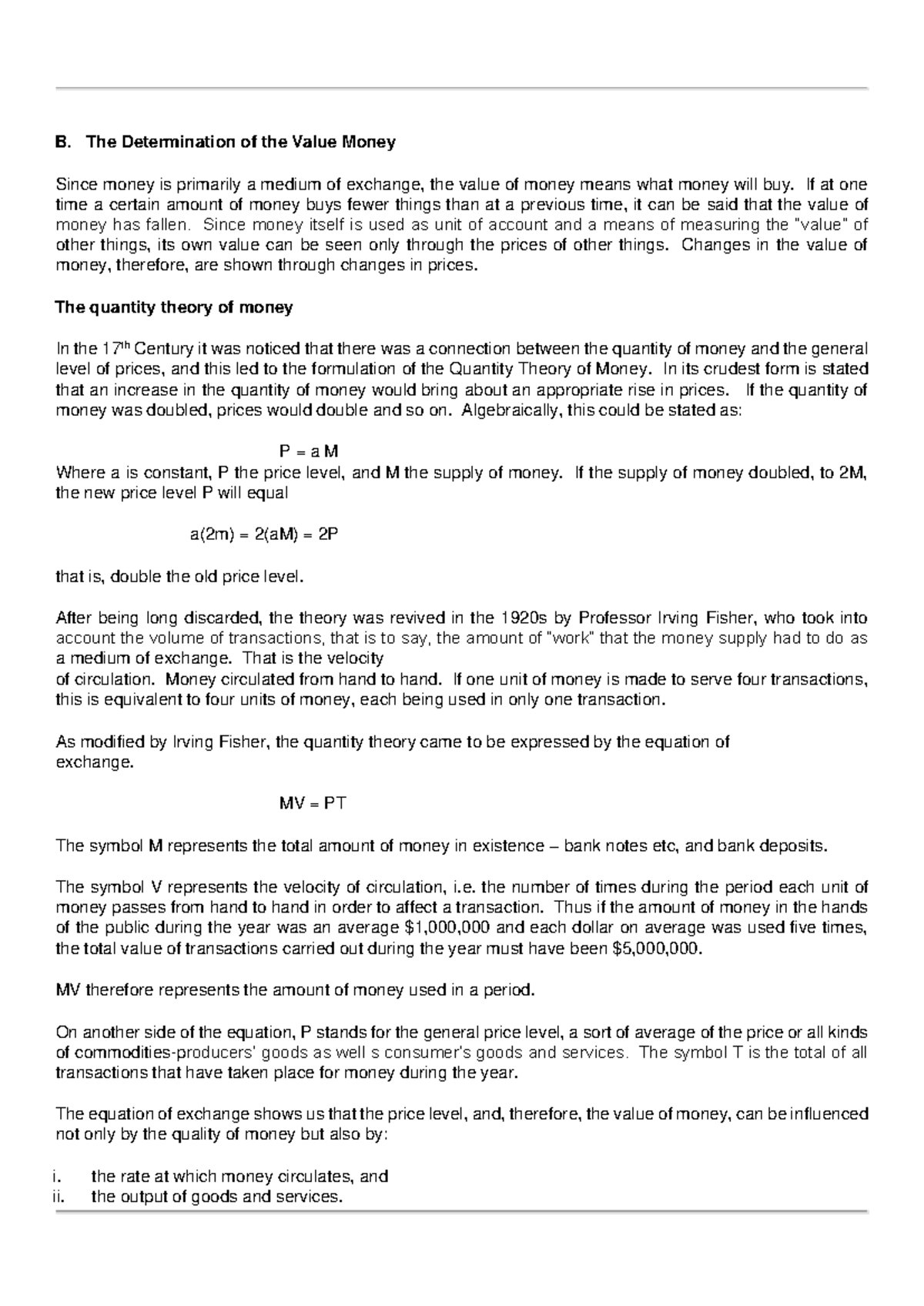 Value OF Money Py1Hzvx - Notes - B. The Determination of the Value ...