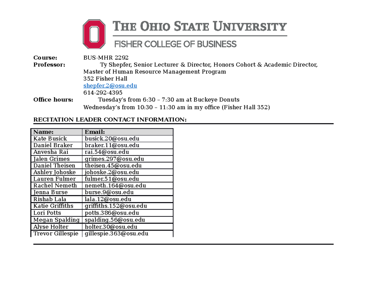 BUS-MHR 2292 Autumn 2022 Wednesday Recitation Overview and Details ...