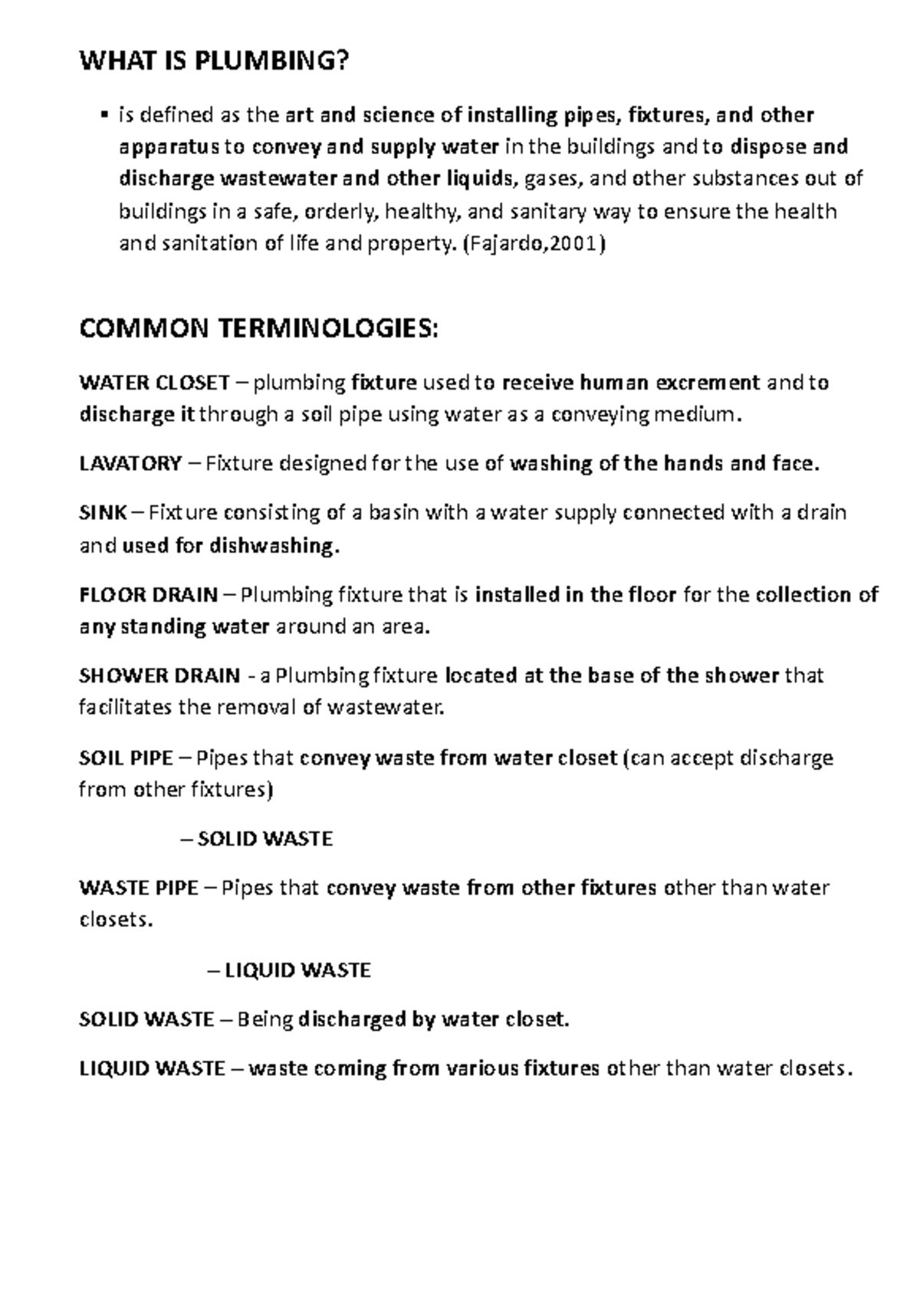 Plumbing Essentials: Key Terms and Fixtures Explained - Studocu