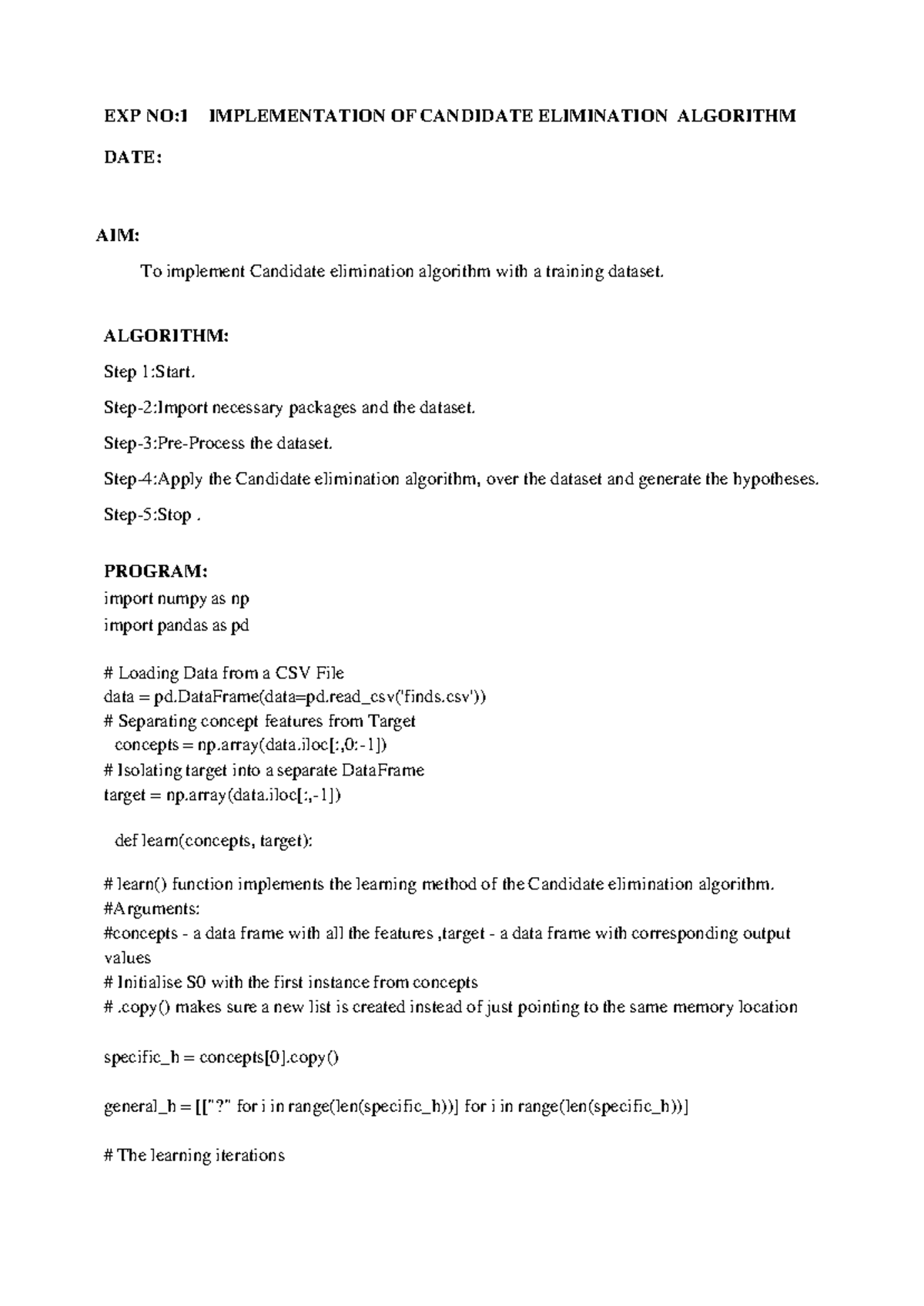 AD3461 ML LAB Final Report - Implementation of Various Algorithms - Studocu