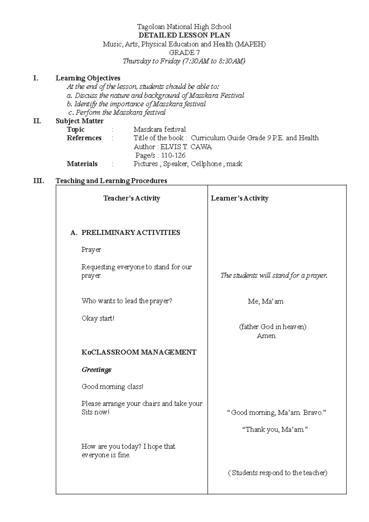 BPED- Lesson Plan on Masskara Festival for G7 MAPEH Class - Studocu
