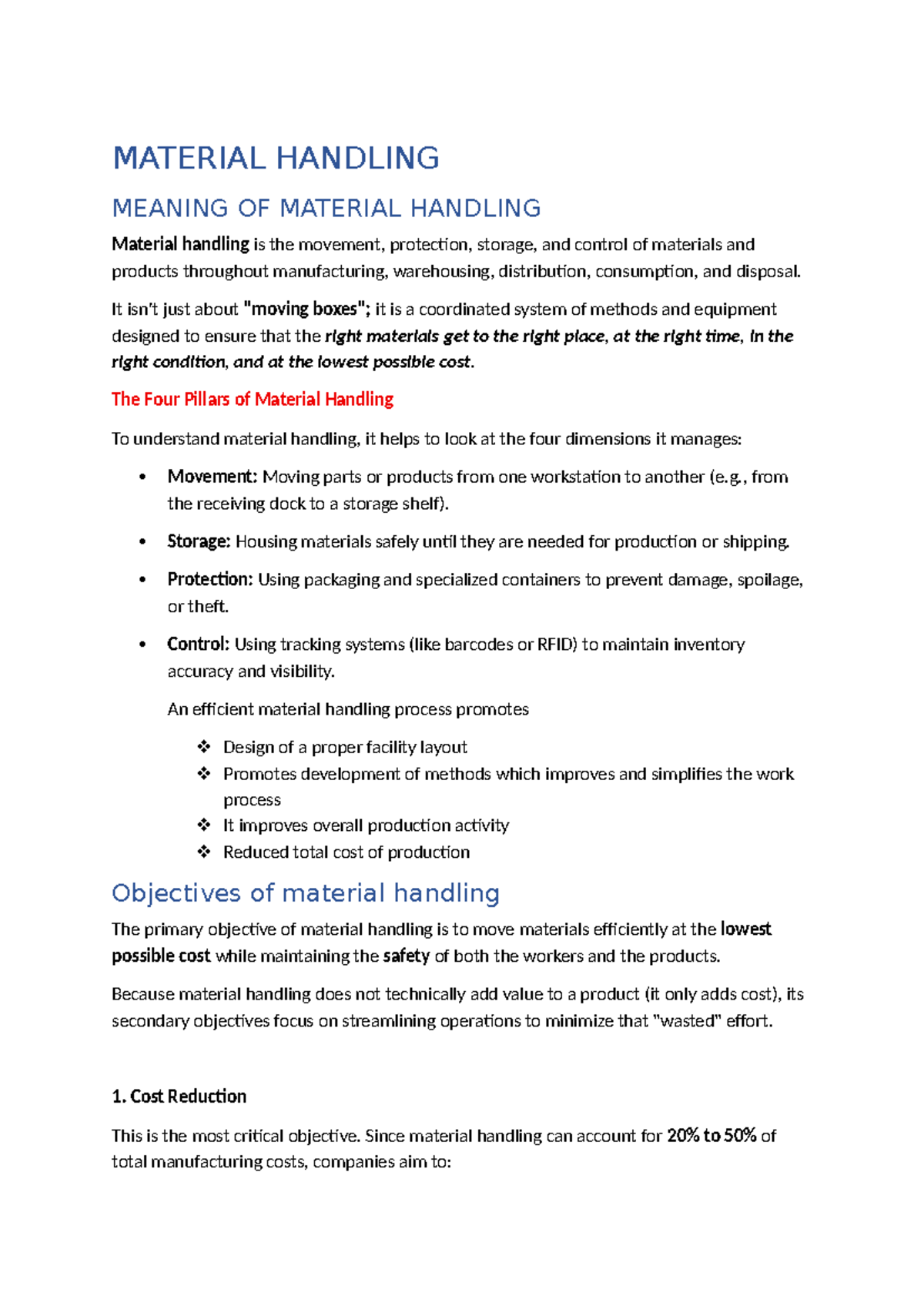 Material Handling - Detailed Lecture Notes for Warehousing (MGT 301 ...