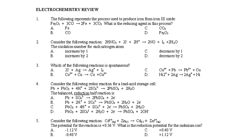 Electrochemistry Review Practice Test (CHEM 101) - Studocu
