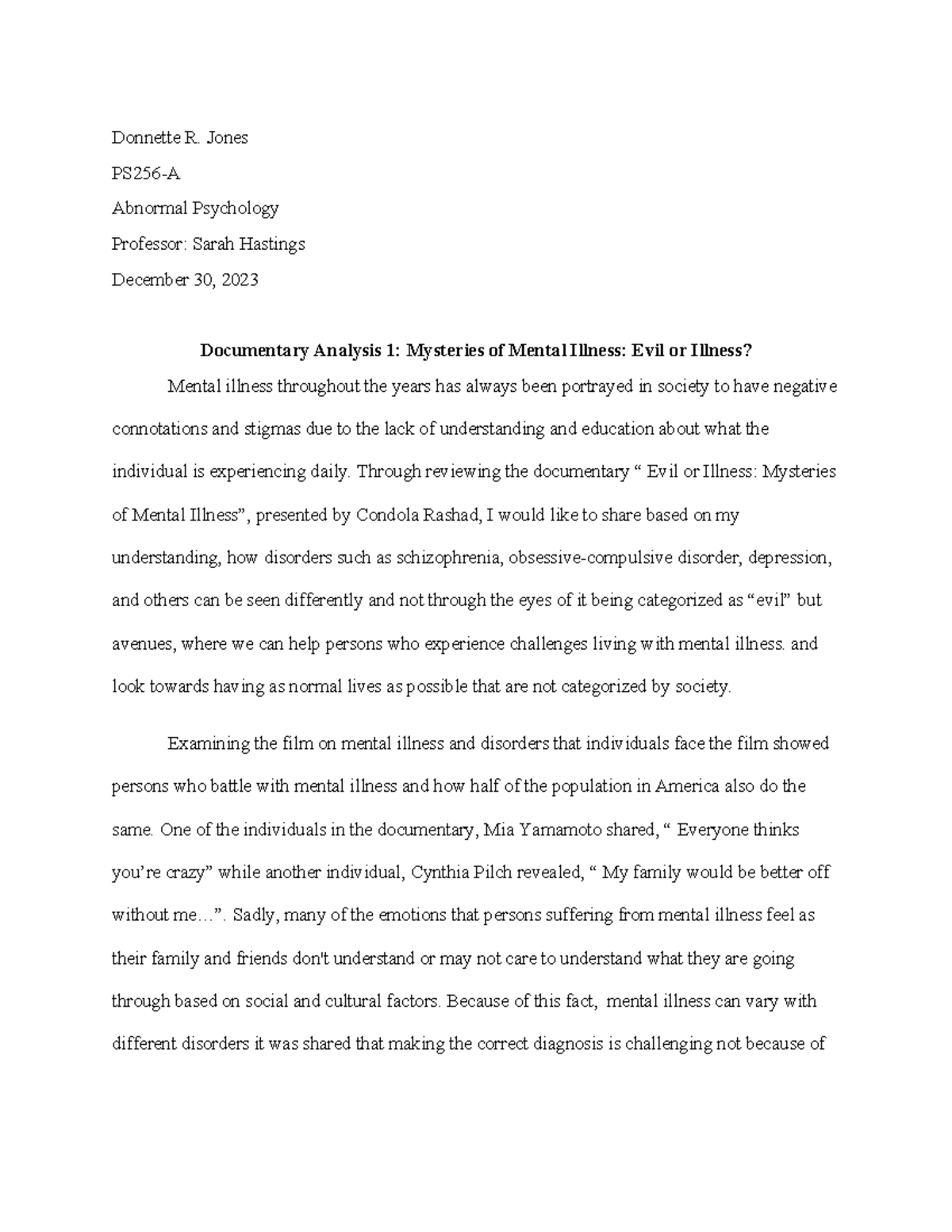PS256-A - Week 2 - Documentary Analysis 1: Evil or Illness? - Studocu