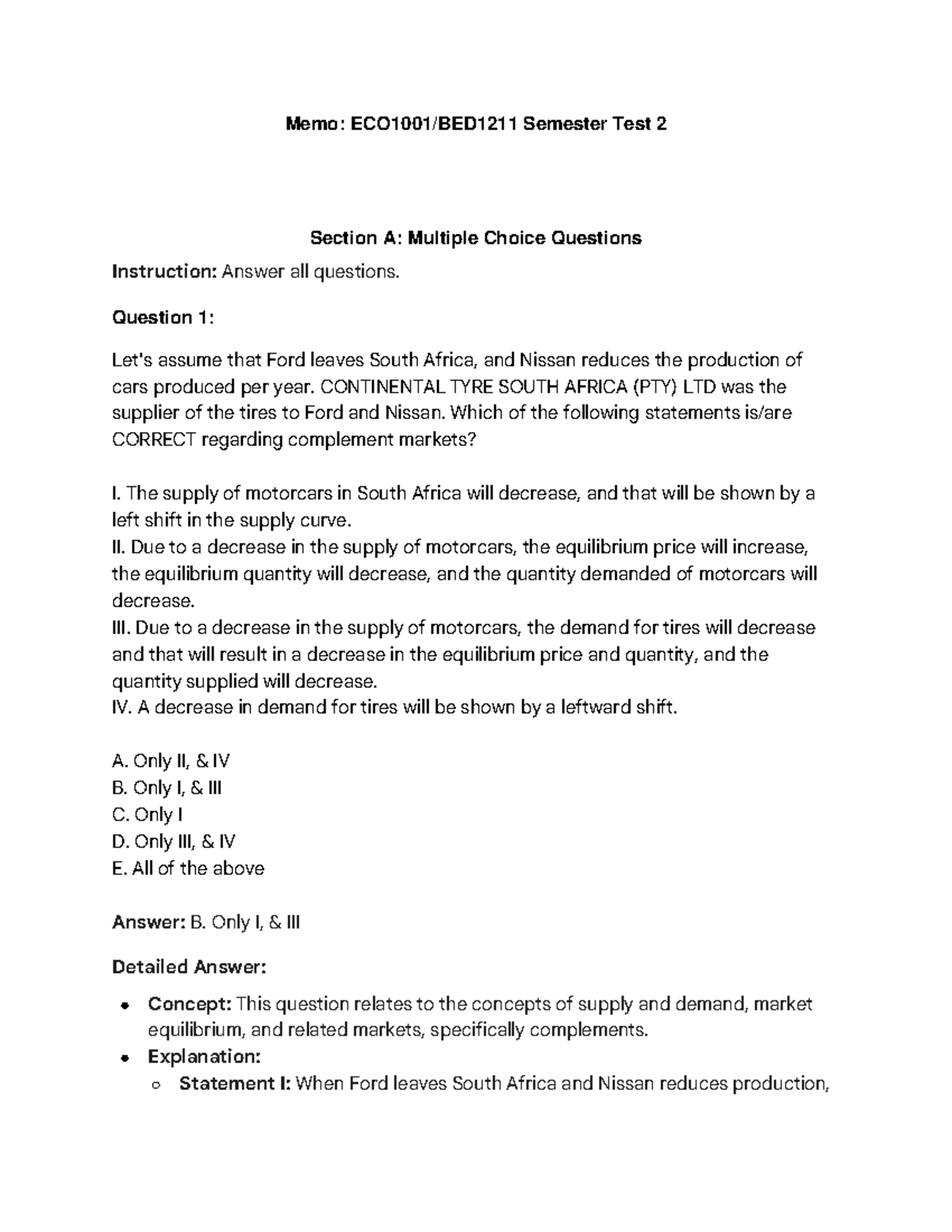 Semester Test 2 Memo: ECO1001 Multiple Choice & Matching Questions ...