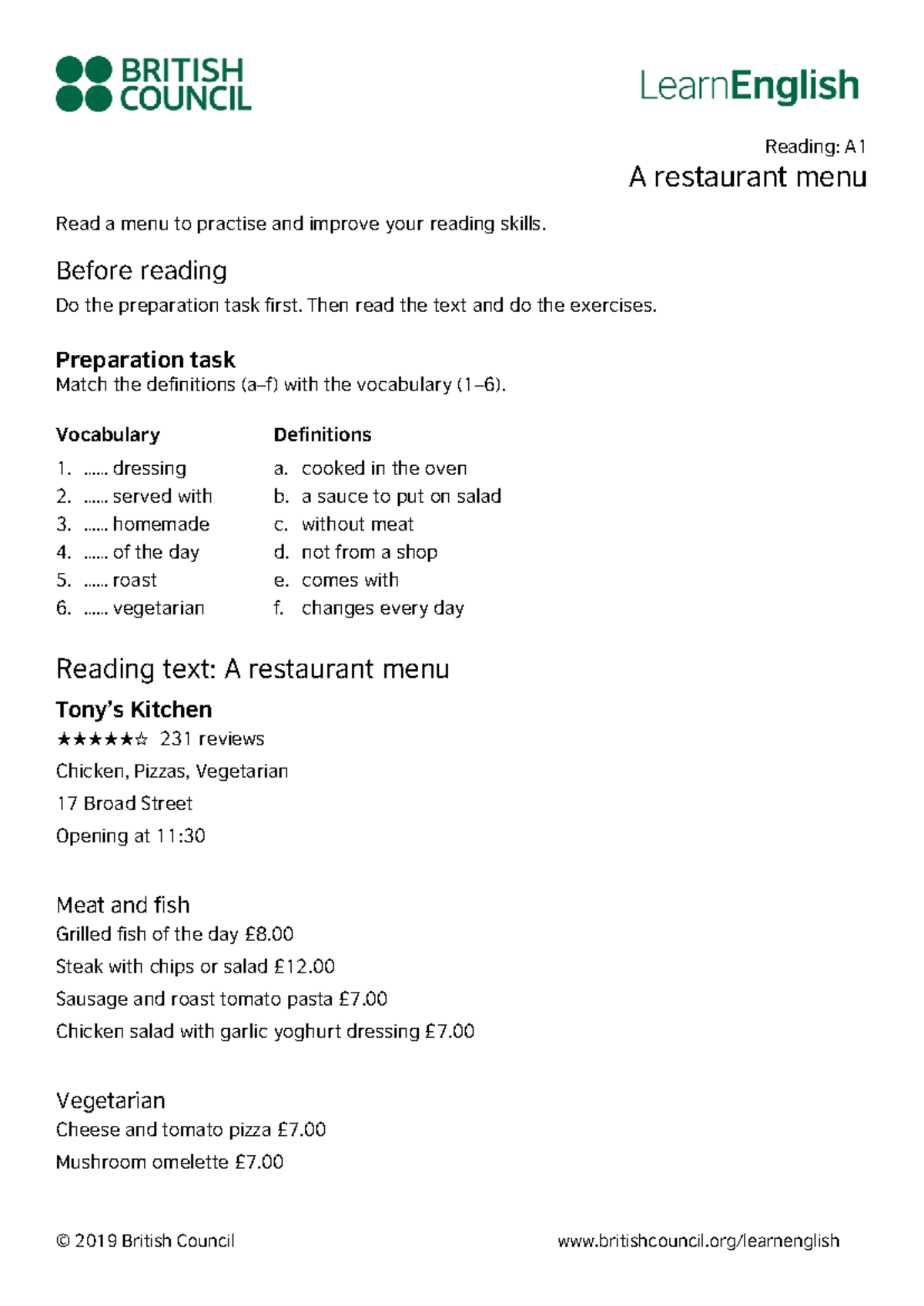 Learn English Reading A1: Restaurant Menu Practice Guide - Studocu