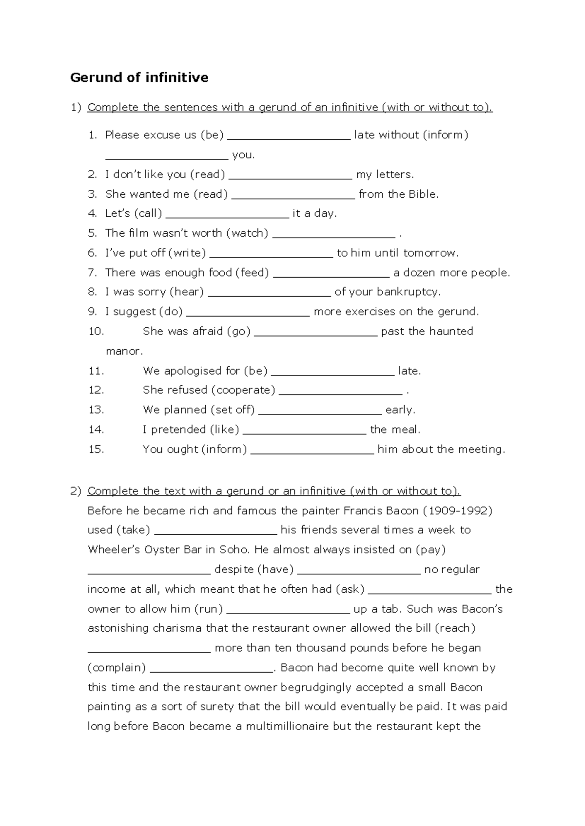 Gerund and Infinitive Exercises (ENG 101) - Studocu