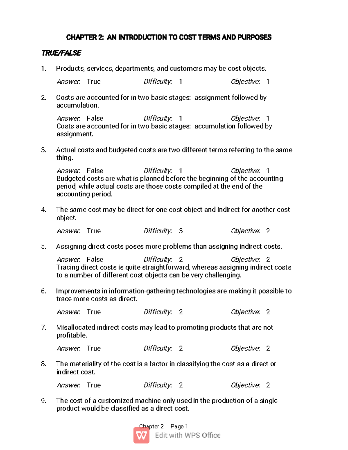 CHAPTER 2: INTRODUCTION TO COST TERMS AND PURPOSES - Studocu