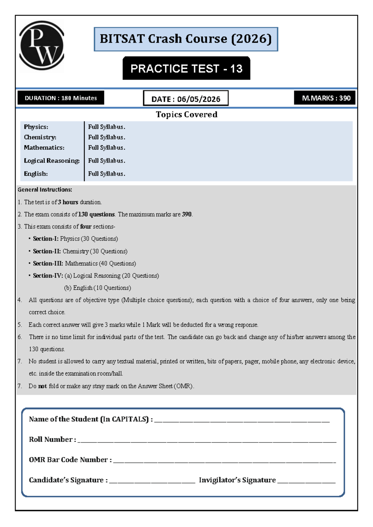 BITSAT 2026 Crash Course: Practice Test 13 Overview - Studocu