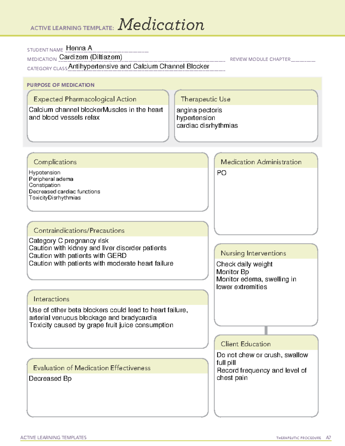 Cardizem med card - medication info - ACTIVE LEARNING TEMPLATES ...