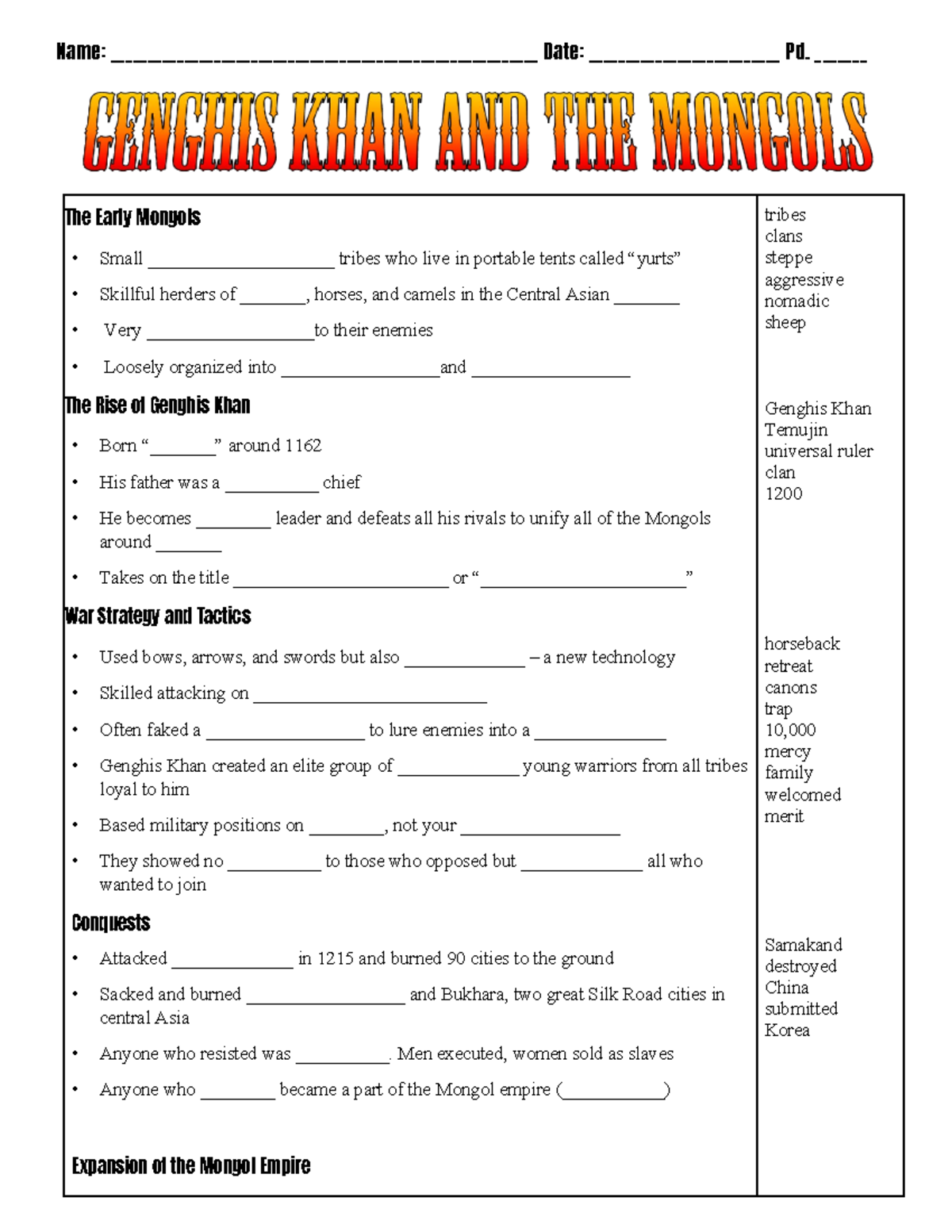 Copy of Mongols and Khan Guided Notes Page - Name: - Studocu