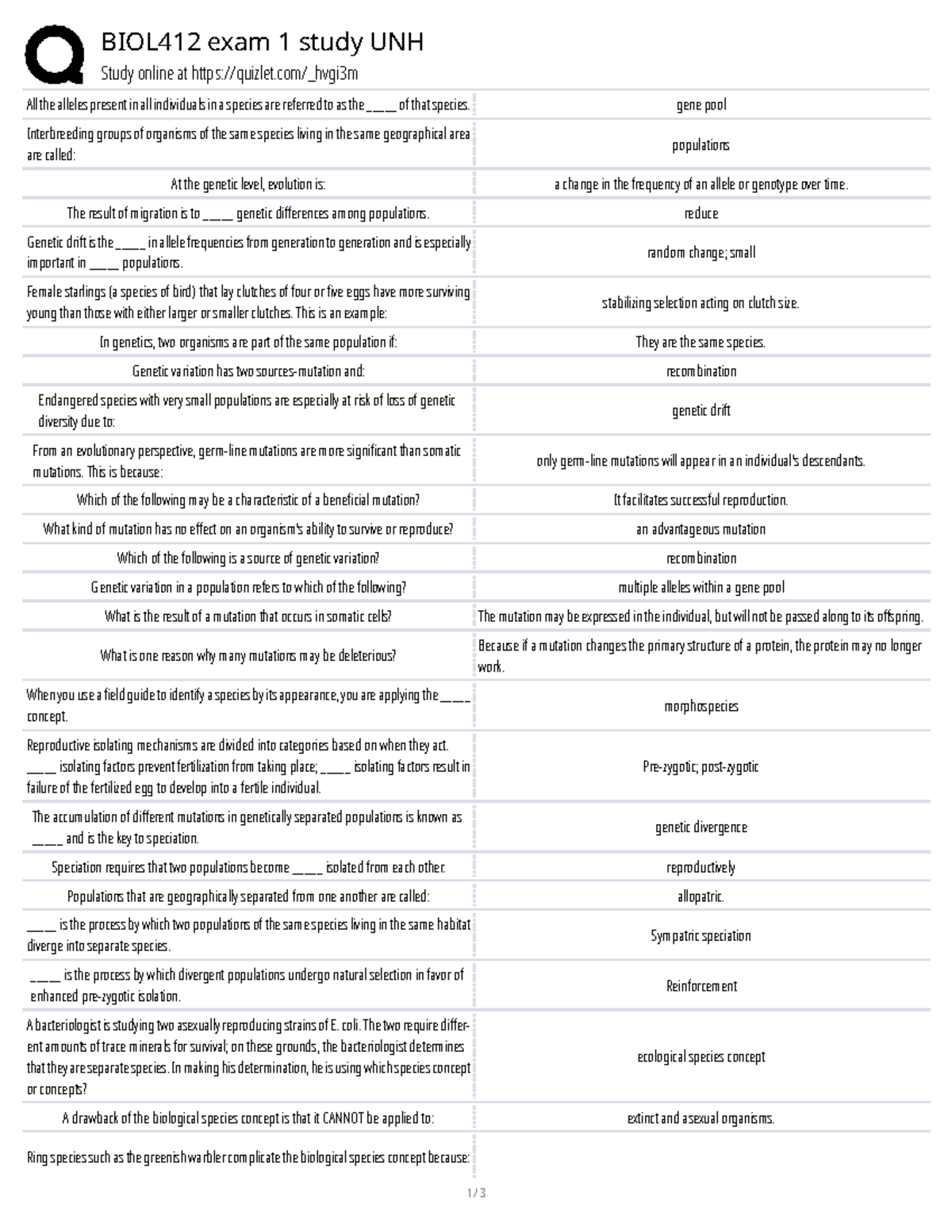 BIOL412 Exam 1 Study Guide - UNH - Studocu